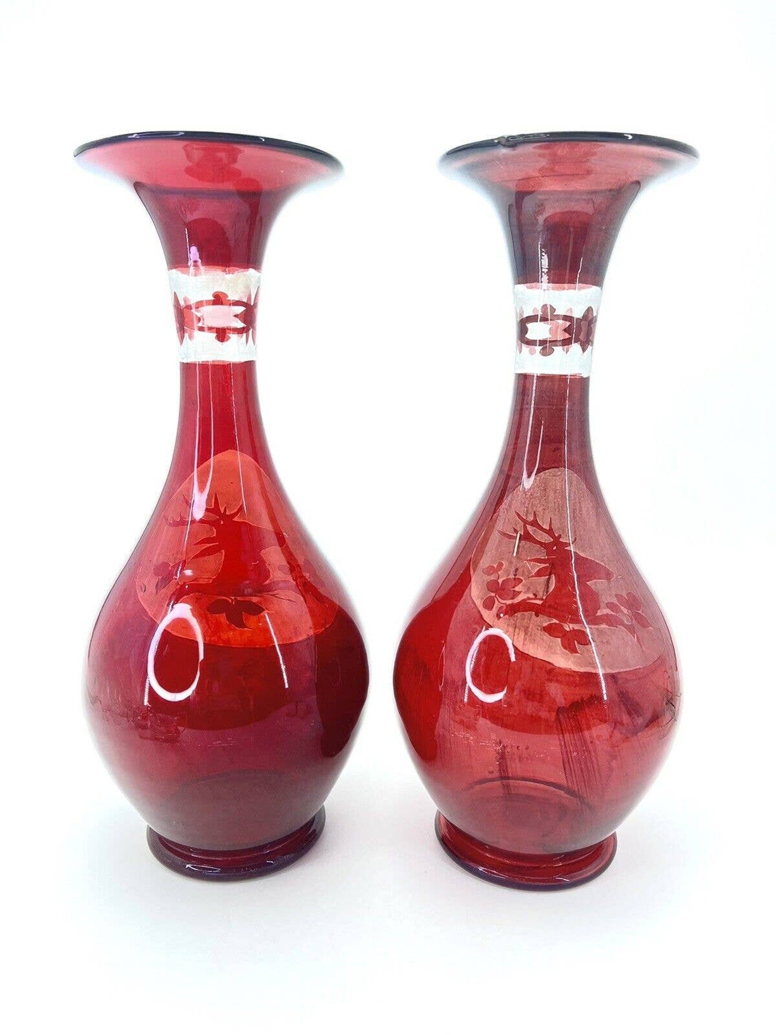 Vintage Ruby Red Flashed Glass Vase Etched Roses Bohemian - Etsy