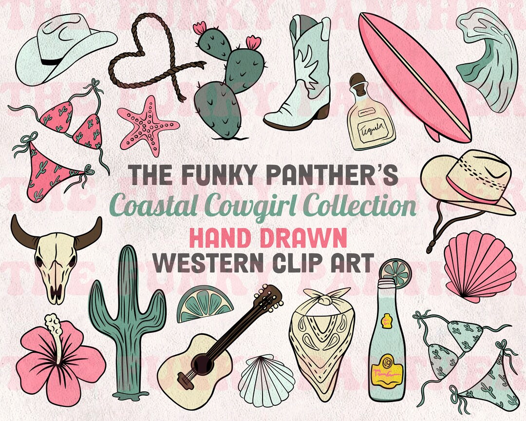 Coastal Cowgirl Summer PNG Clipart Bundle, Pink Disco Western Clip Art ...