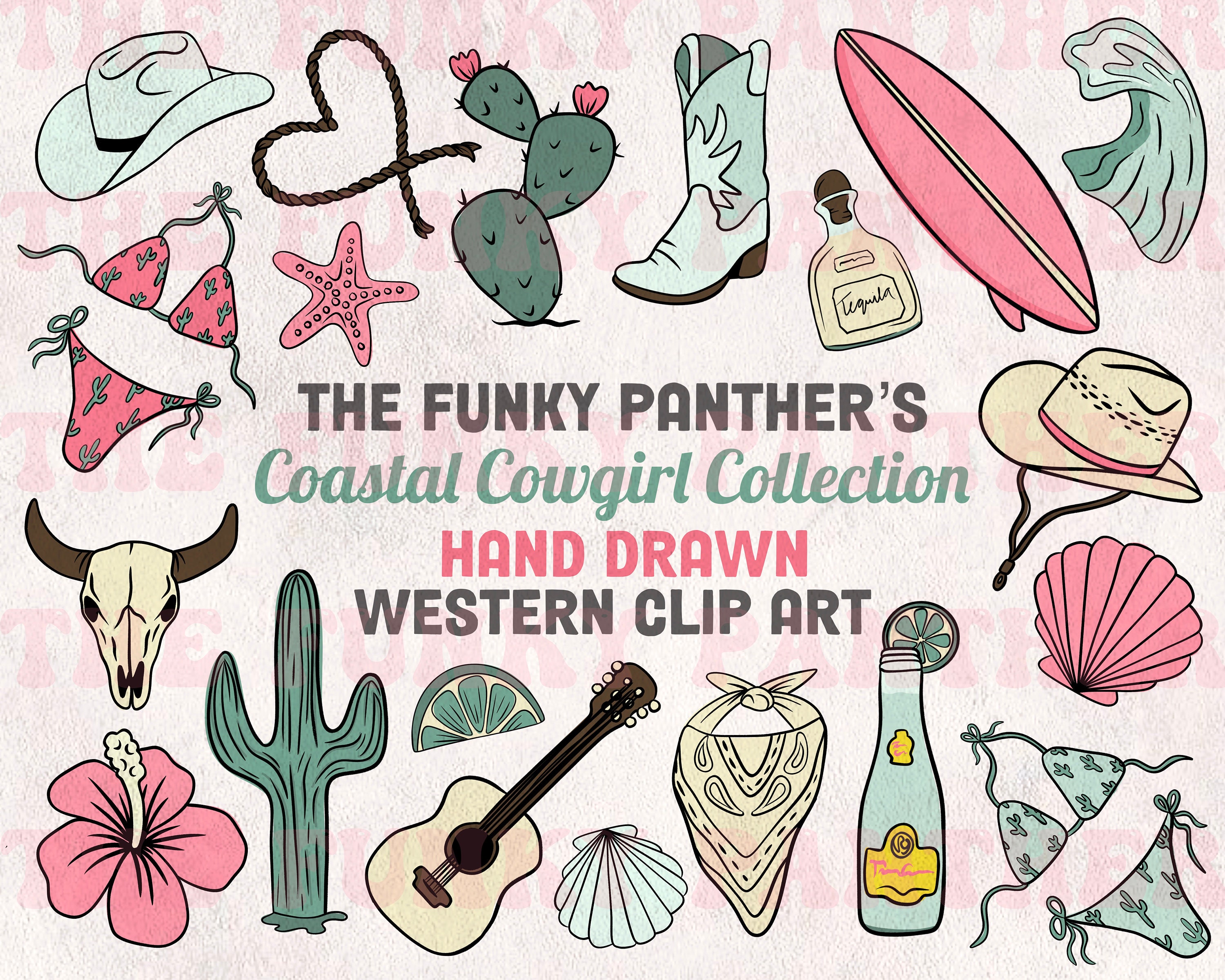 Coastal Cowgirl Summer PNG Clipart Bundle, Pink Disco Western Clip Art ...