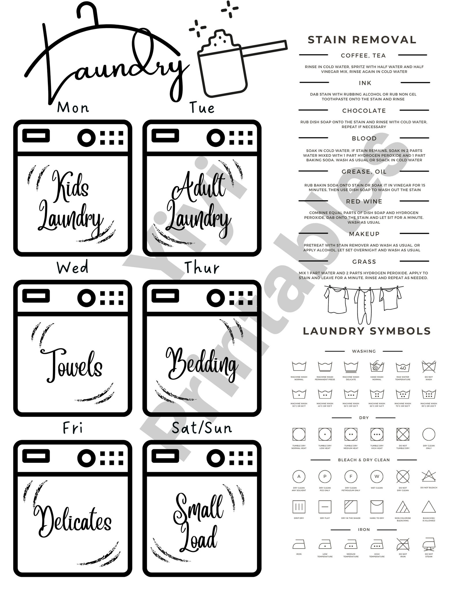 EDITABLE Laundry Schedule With Stain and Symbols - Etsy
