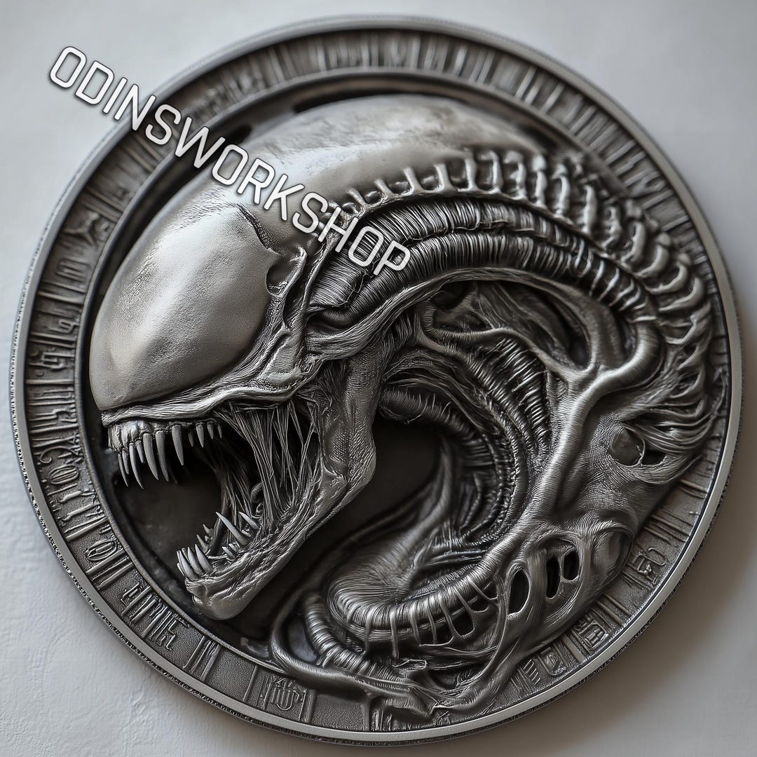 Alien Xenomorph Coin 3D Embossing Design: Fiber Laser Engraving Files ...