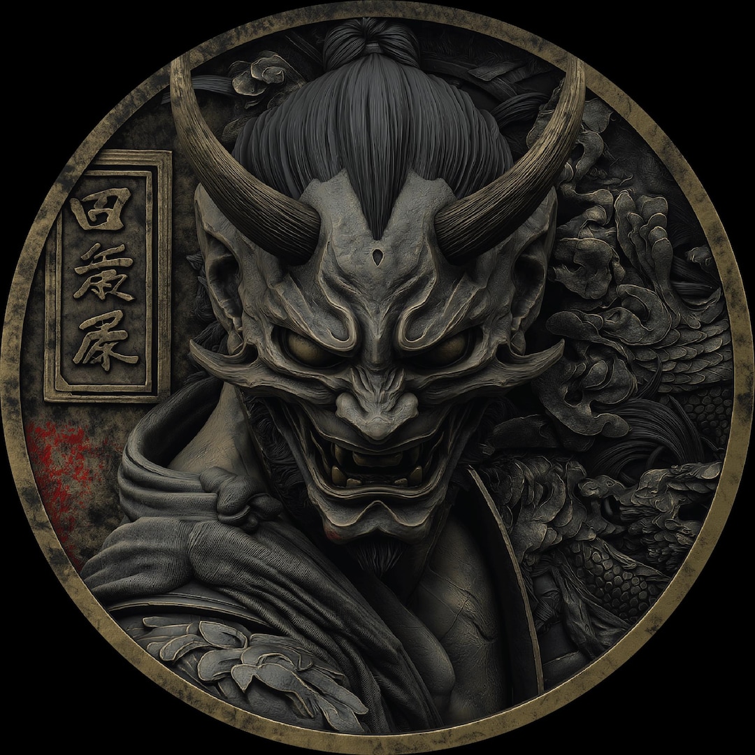 Oni Coin 3D Embossing Files: Fiber Laser Engraving Design (PNG Depth ...