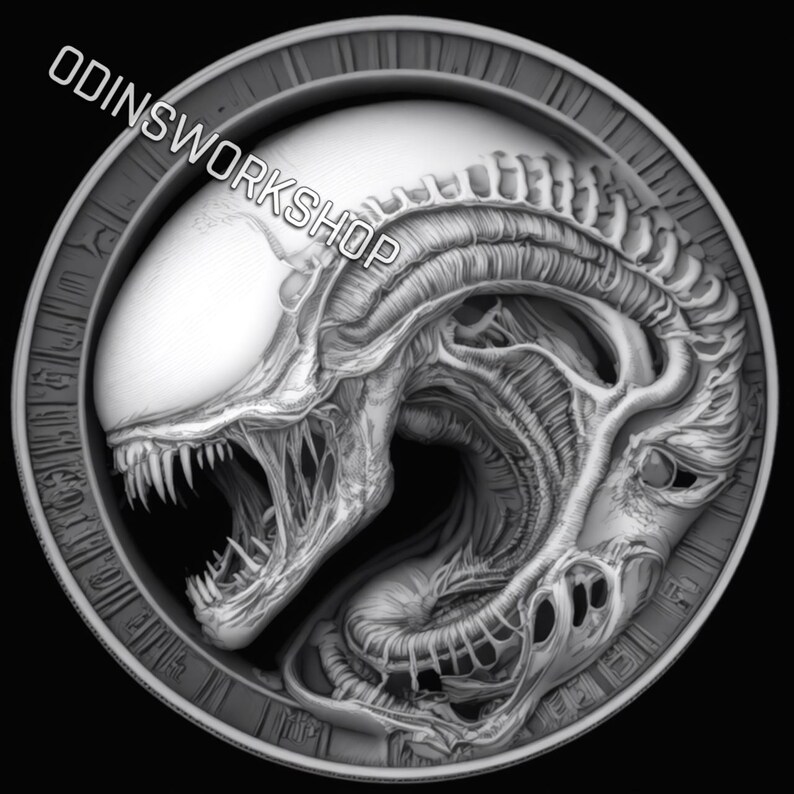 Alien Xenomorph Coin 3D Embossing Design: Fiber Laser Engraving Files ...