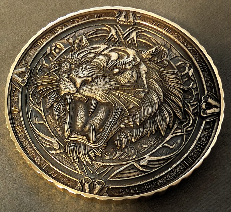 Tiger Coin 3D Embossing Design: Fiber Laser Engraving Files (PNG, Depth ...