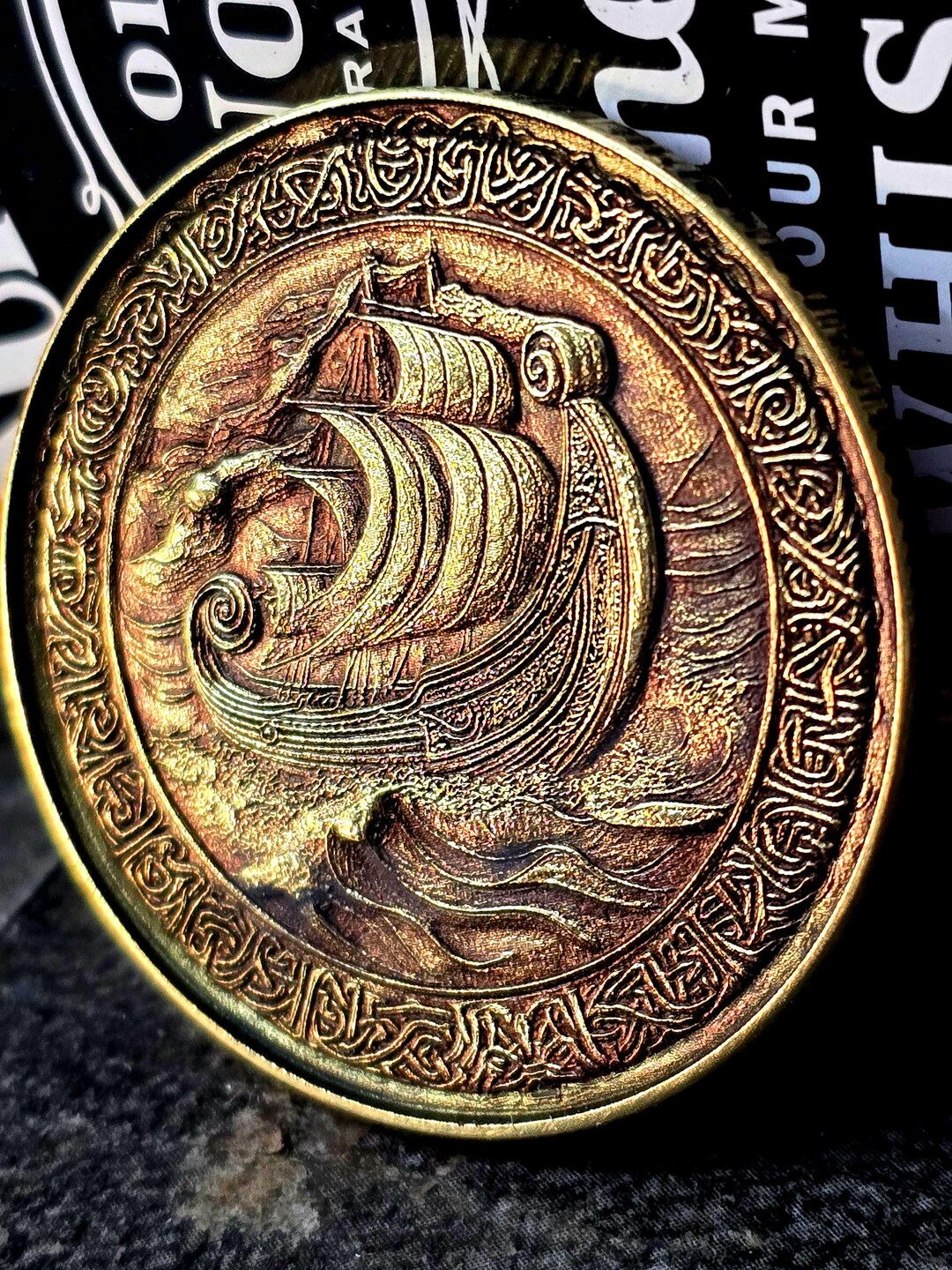 VIKING Coin, Double Sided. Viking Ship on Reverse Side. Antiqued Brass ...
