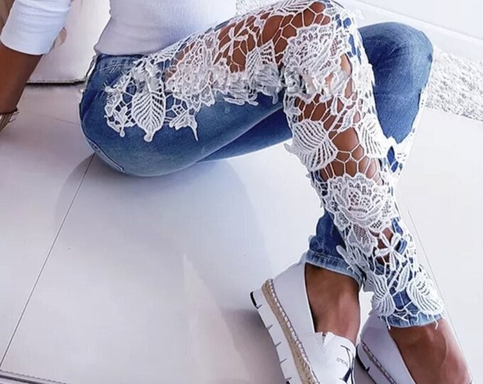 White Floral Embroidery Lace Jeans/ Denim Skinny Jeans/ Bridal - Etsy