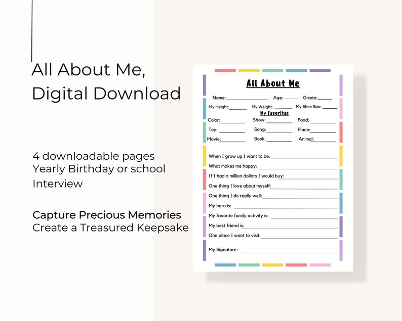Childhood Printable Interview, All About Me Interview, Kids Keepsake ...