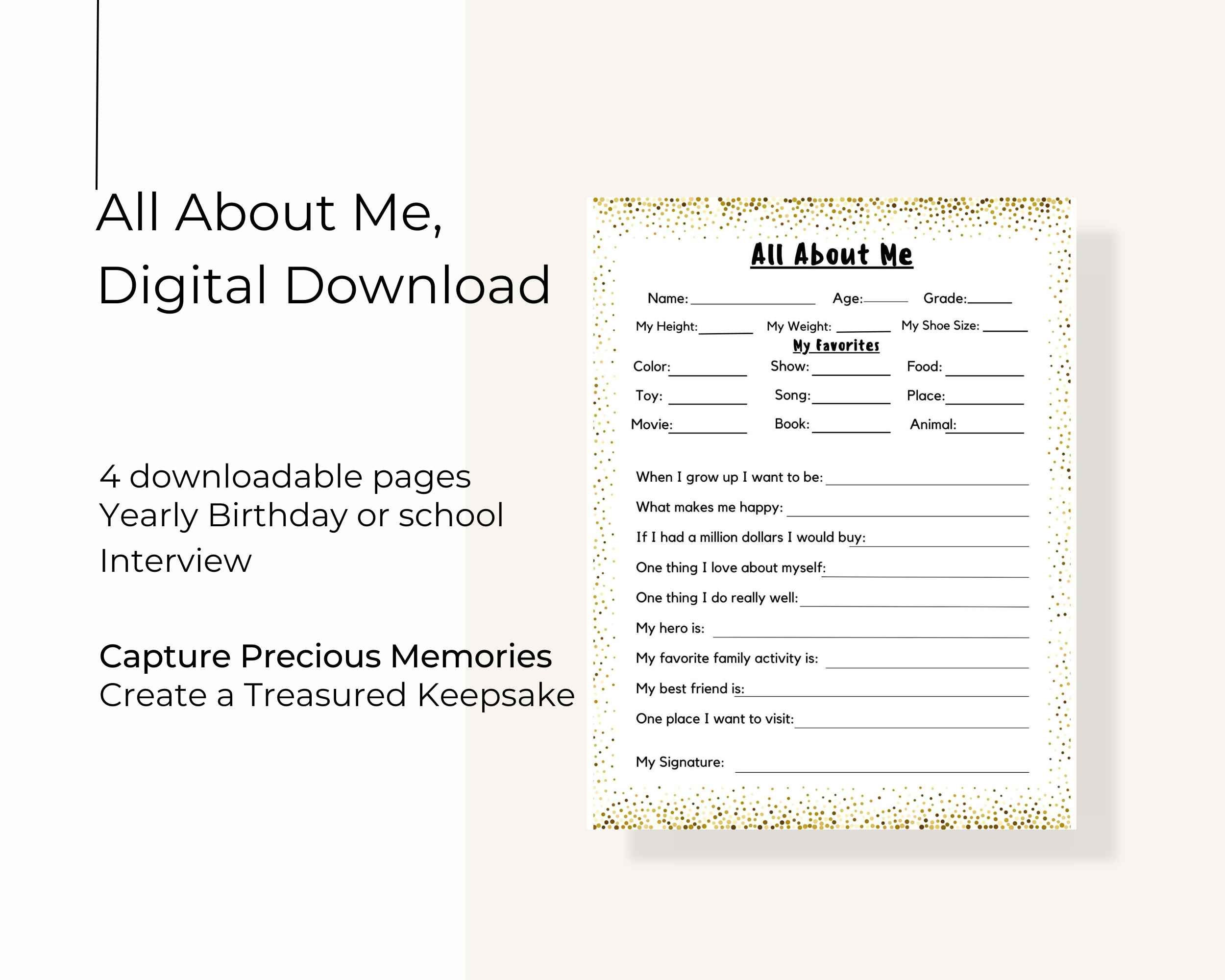 Childhood Printable Interview, All About Me Interview, Kids Keepsake ...