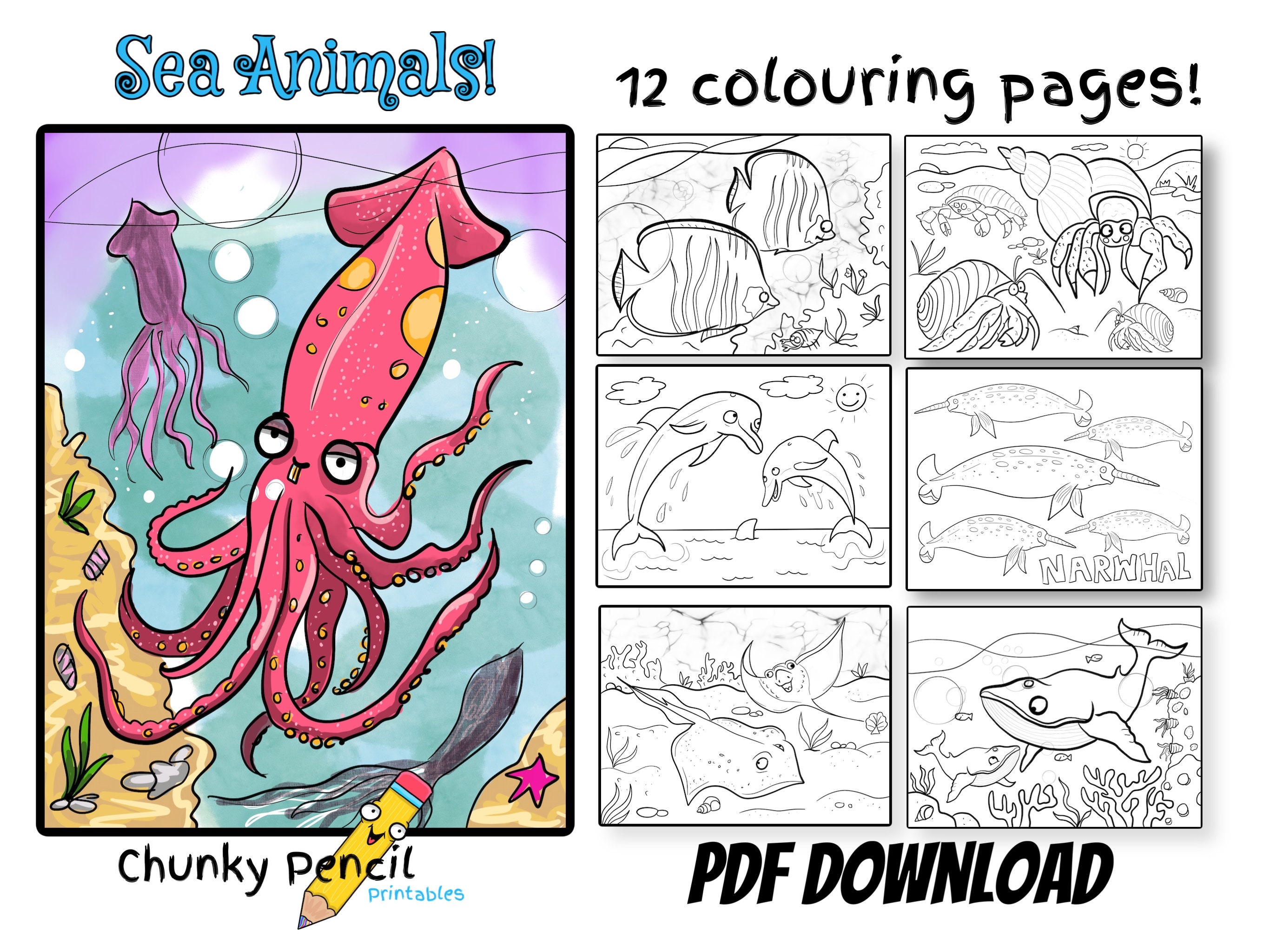 Sea Animals Colouring, Oceans Coloring Pages, Under the Sea, Digital ...