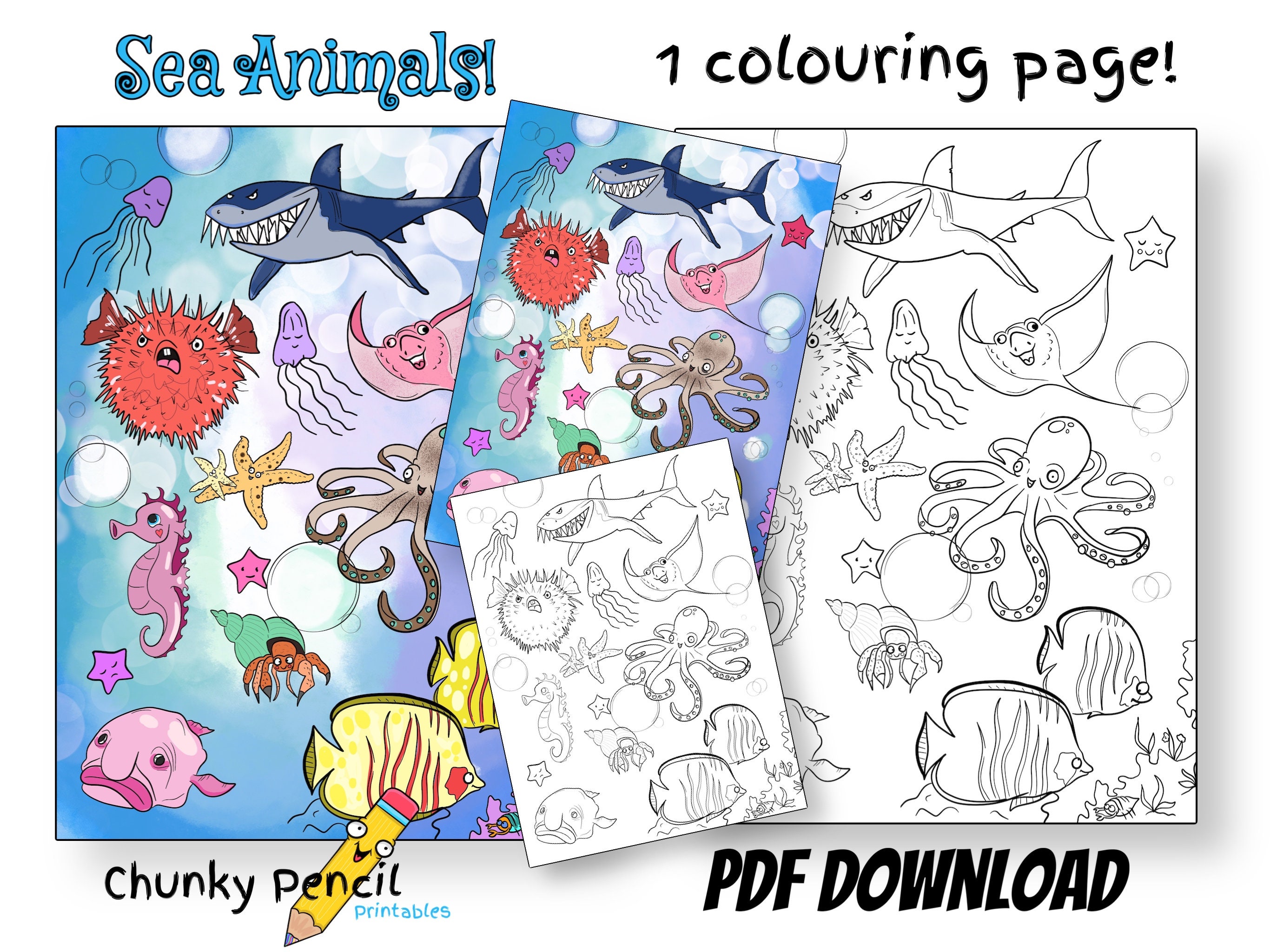 Sea Animals Colouring, Colouring Page, Digital Download, Printable ...