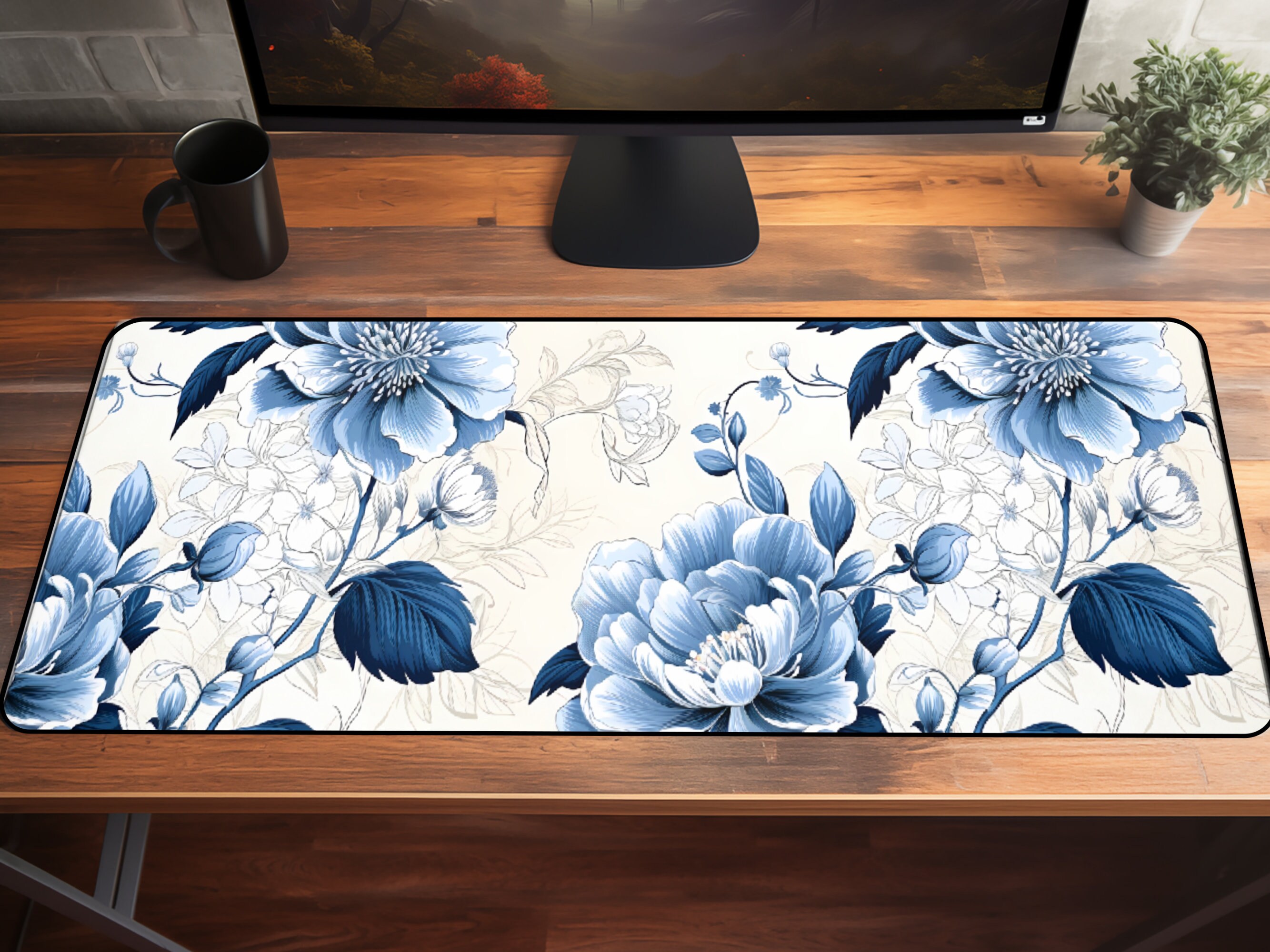 Chinoiserie Blue and White Floral Desk Mat, Blue Flower Toile De Jouy ...