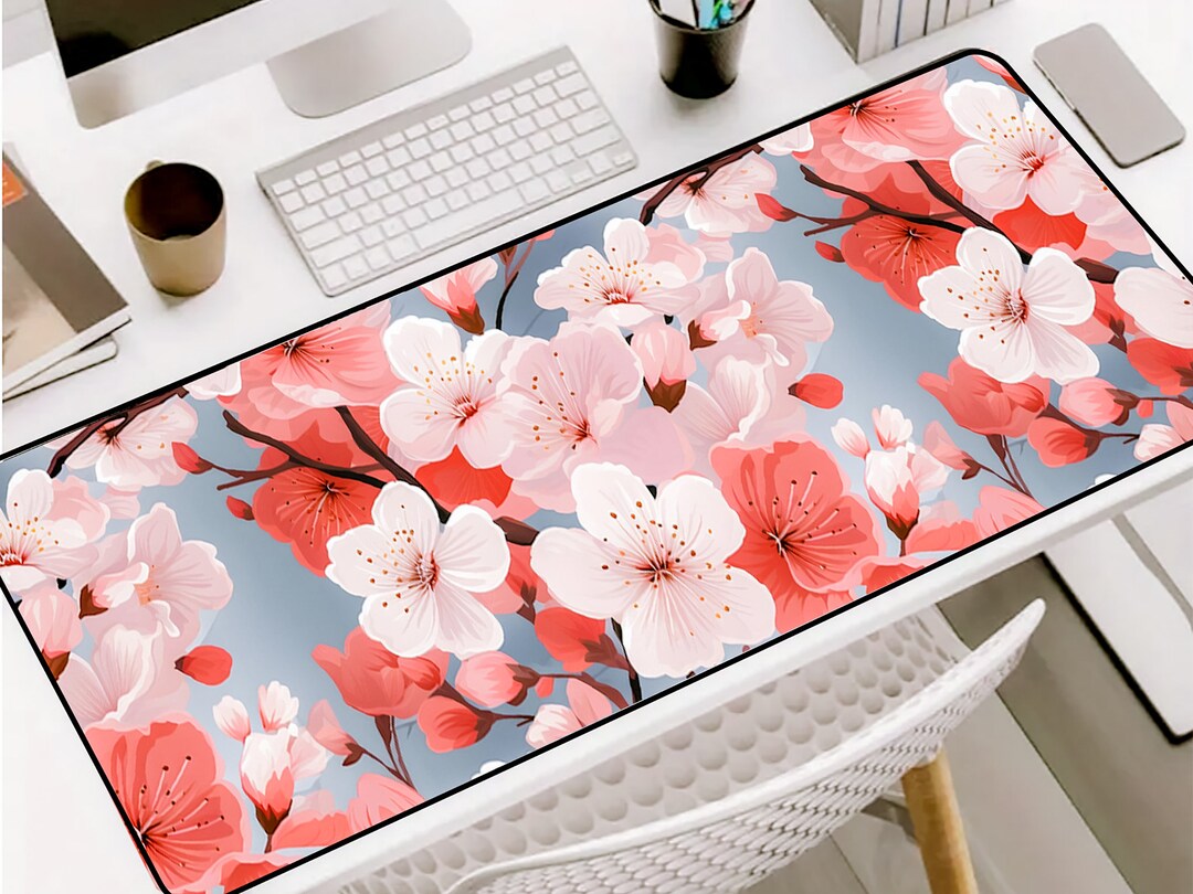 Pink Sakura Desk Mat, Cherry Blossom Xl Mousepad, Kawaii Flower Large ...
