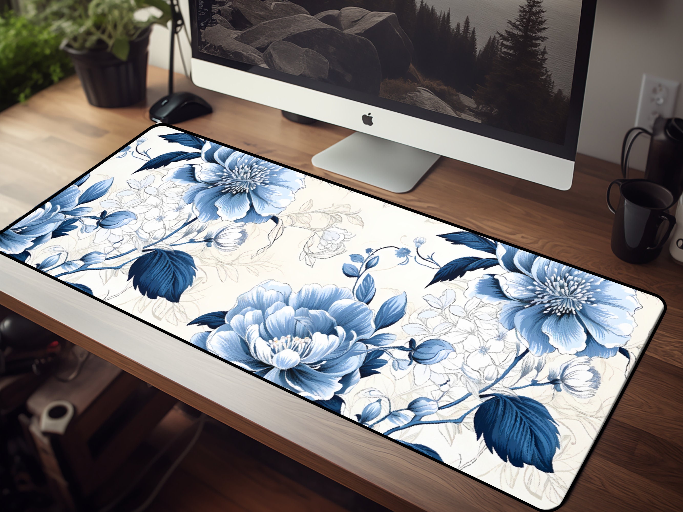 Chinoiserie Blue and White Floral Desk Mat, Blue Flower Toile De Jouy ...