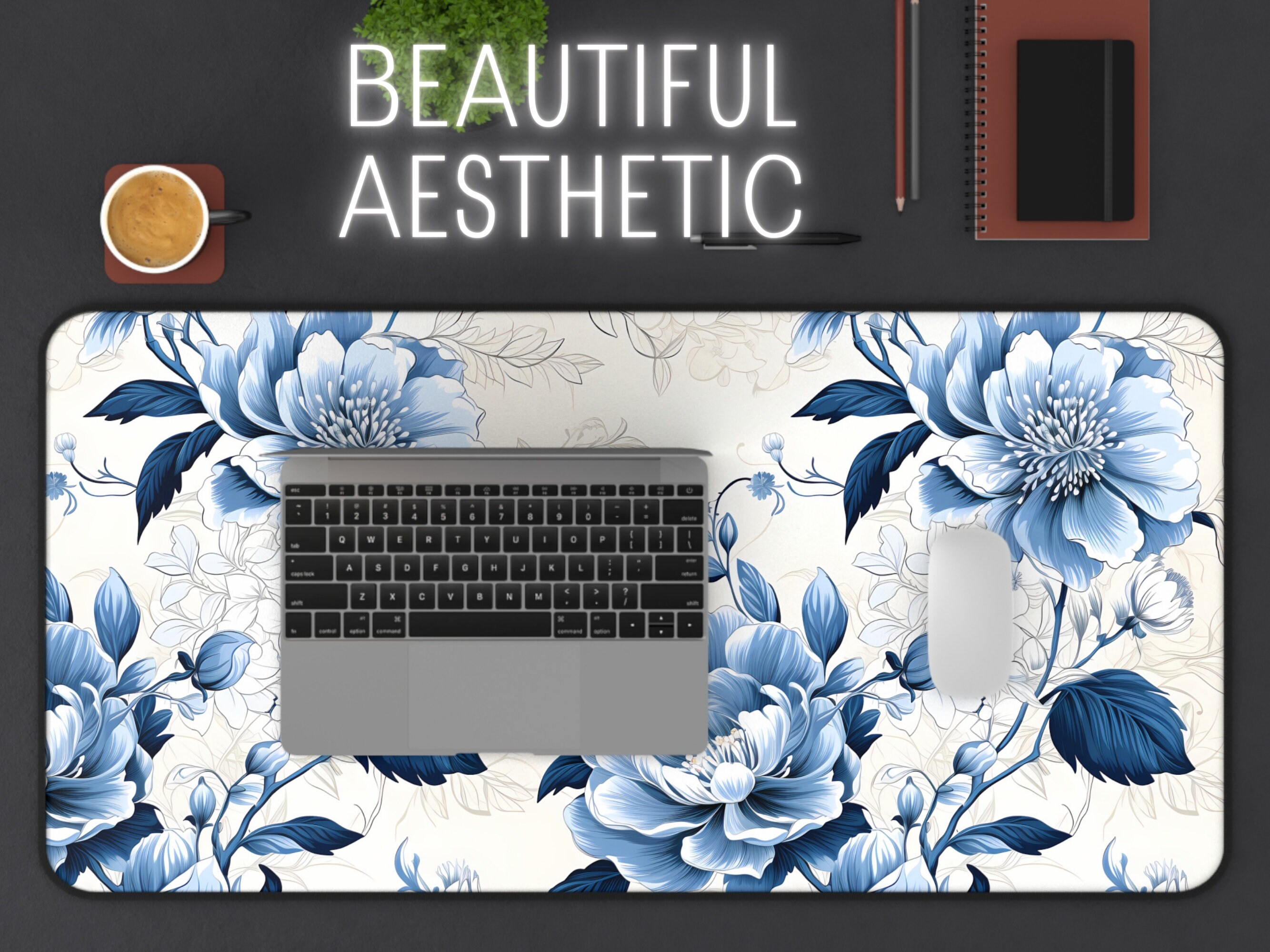 Chinoiserie Blue and White Floral Desk Mat, Blue Flower Toile De Jouy ...