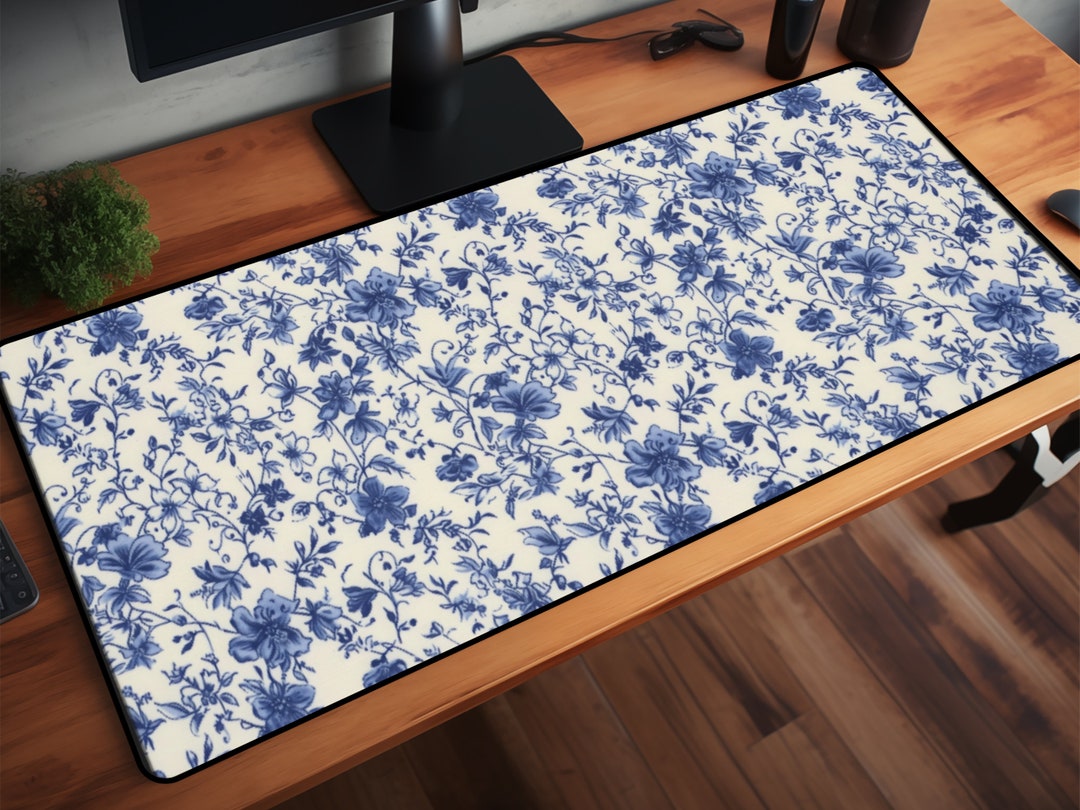 Blue Flower Toile De Jouy Desk Mat, Tiny Blue Flower Mousepad ...