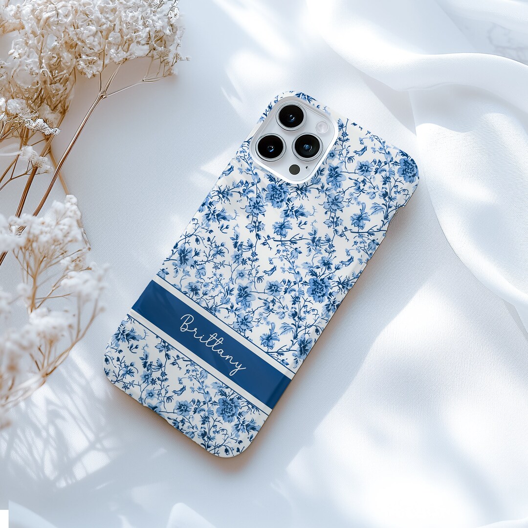 Custom Name Blue Toile De Jouy Phone Case, Personalized Floral Phone ...