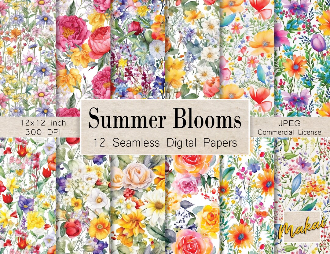 12 Seamless Digital Papers, Watercolor Summer Floral Patterns, Use for Cards, Invitations ...