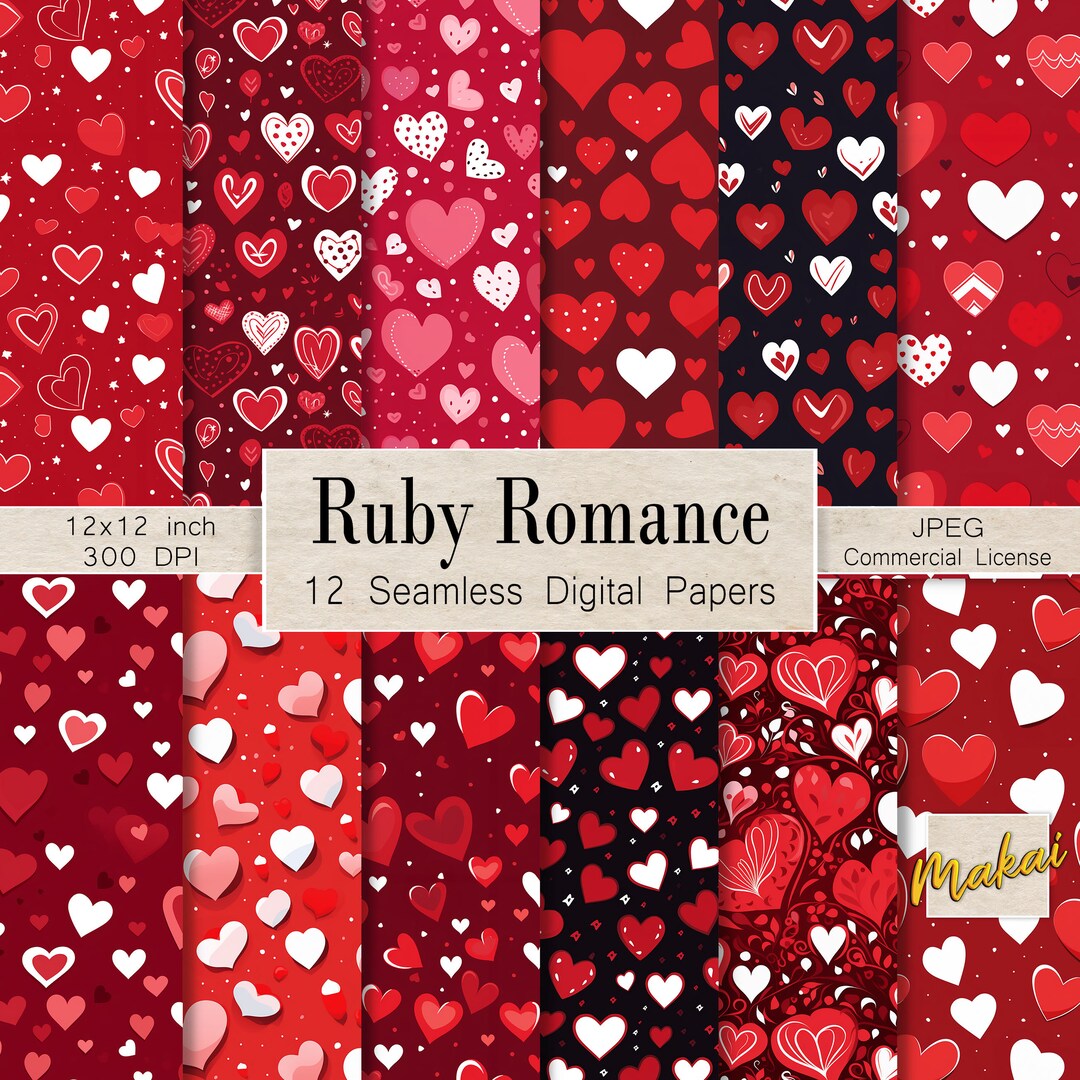 12 Seamless Digital Patterns, Red Valentine Heart Backgrounds, Use for ...