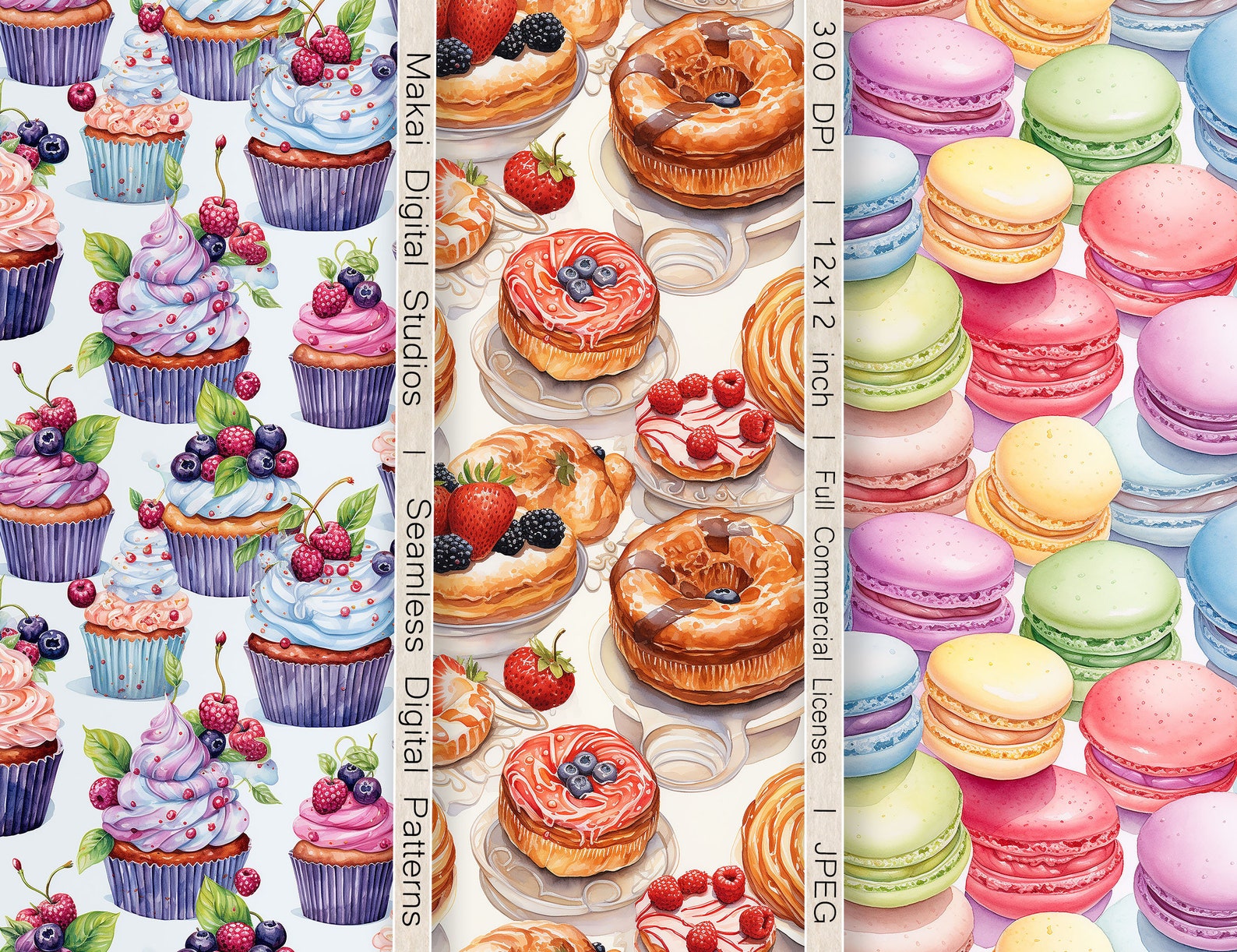 Watercolor Bakery Patterns, 12 Seamless Digital Patterns, Use for ...