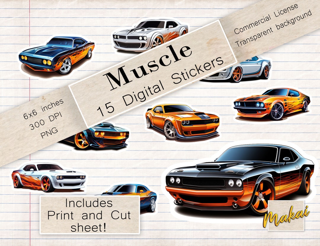 15 Printable Stickers, Instant Download, Muscle Cars, Digital Stickers ...