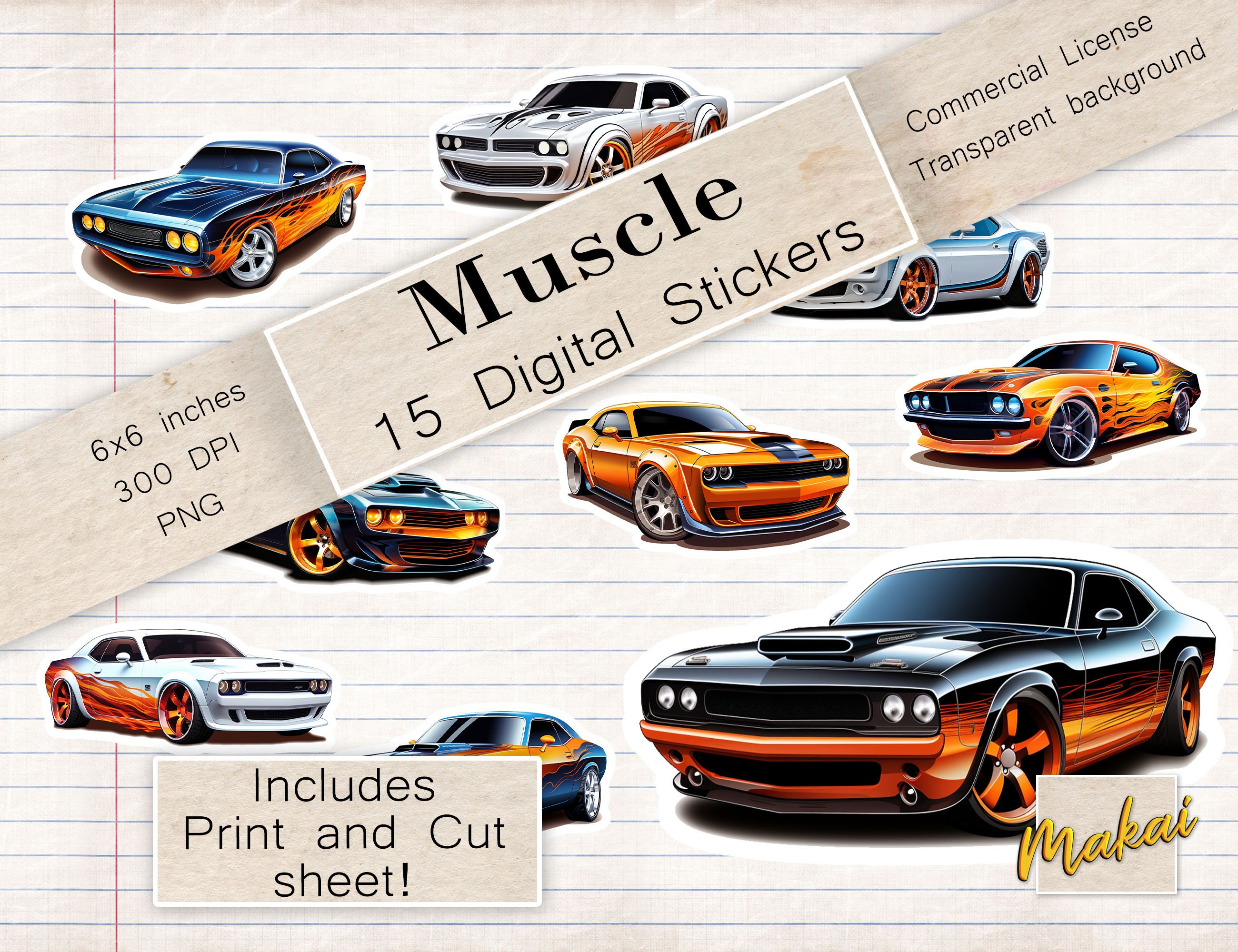 15 Printable Stickers, Instant Download, Muscle Cars, Digital Stickers ...