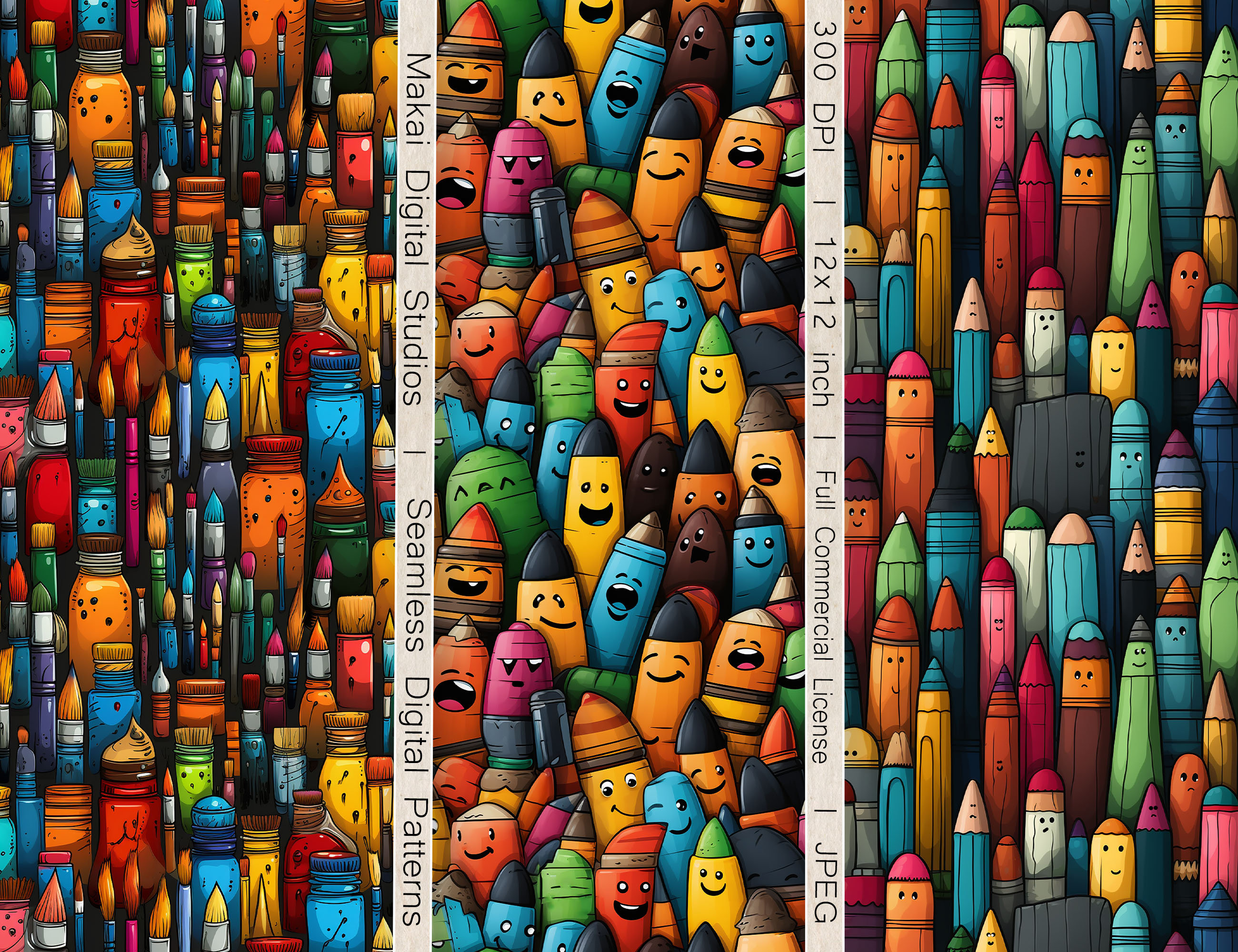 12 Digital Seamless Patterns, Cartoon Crayons for Back to School. for ...