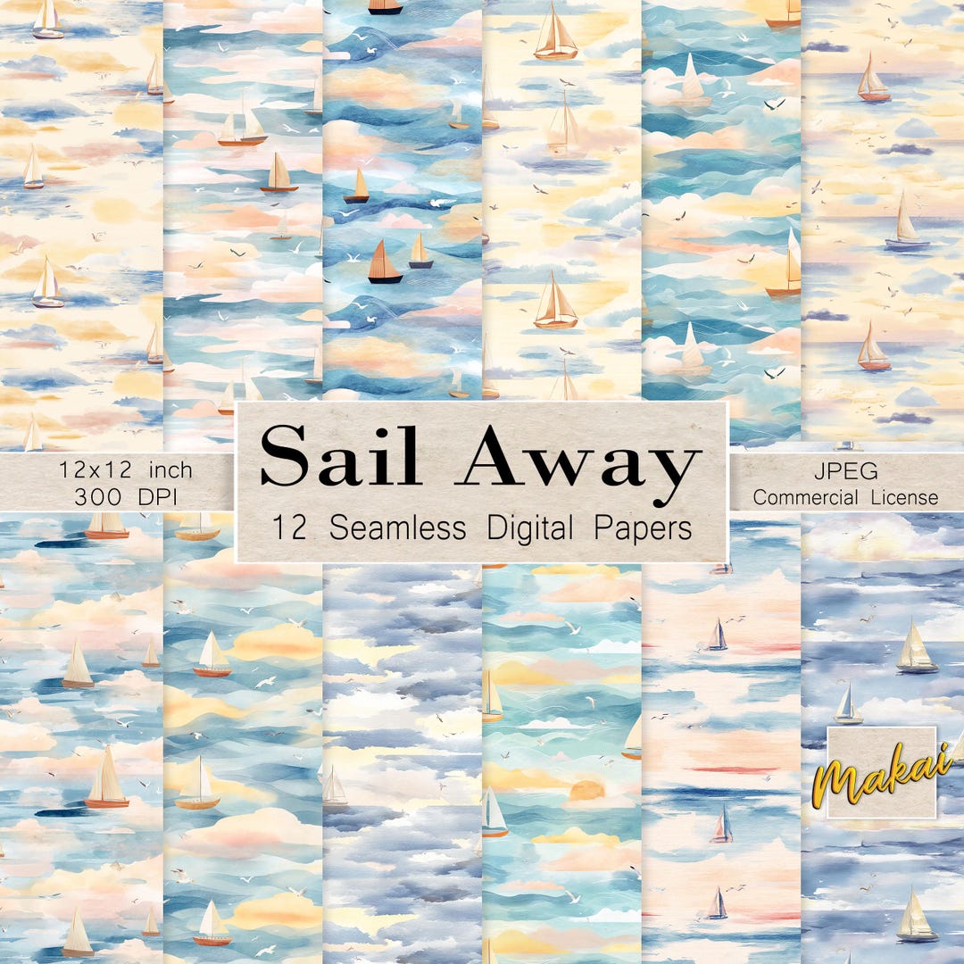 12 Nautical Sailboat Pattern: Watercolor Beach Digital Paper (12"x12 ...