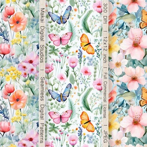12 Seamless Digital Patterns, Watercolor Flowers and Butterflies, for ...
