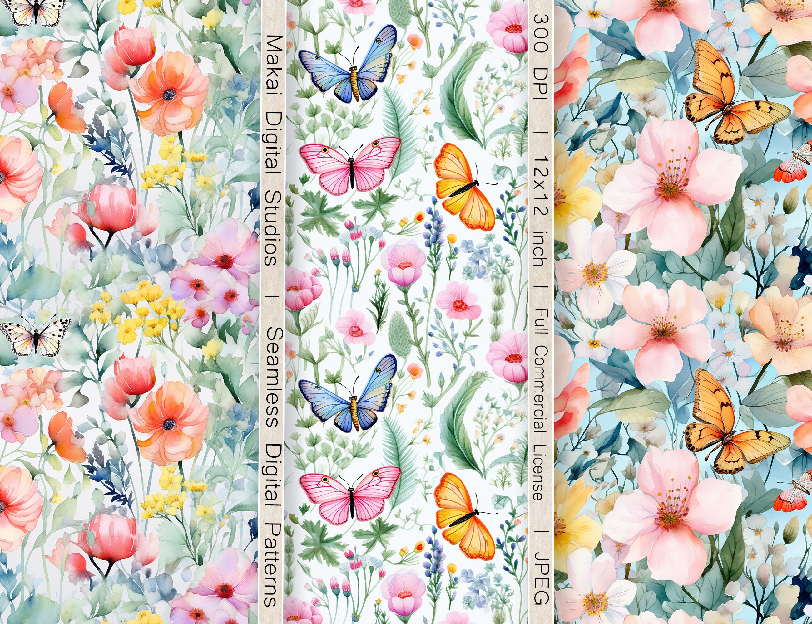 12 Seamless Digital Patterns, Watercolor Flowers and Butterflies, for ...