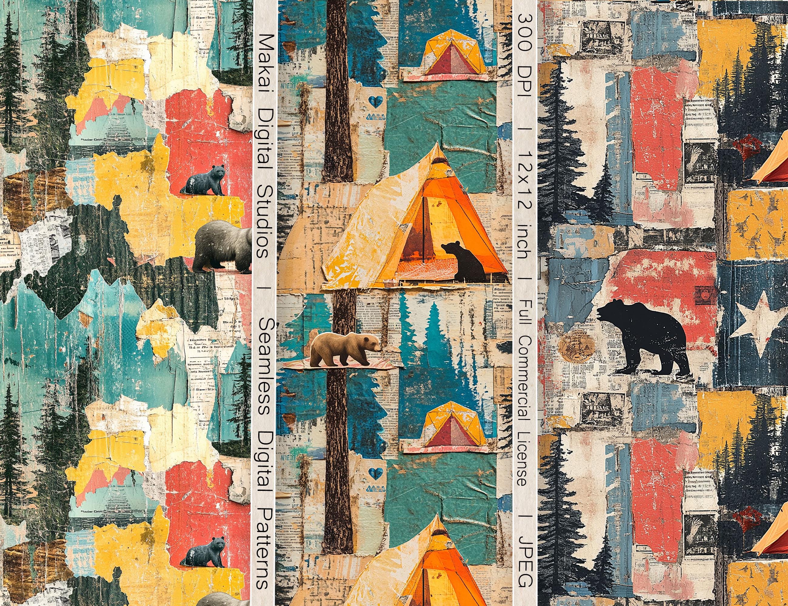 12 Camping Digital Paper, Rustic Background, Tent Camp Seamless Pattern ...