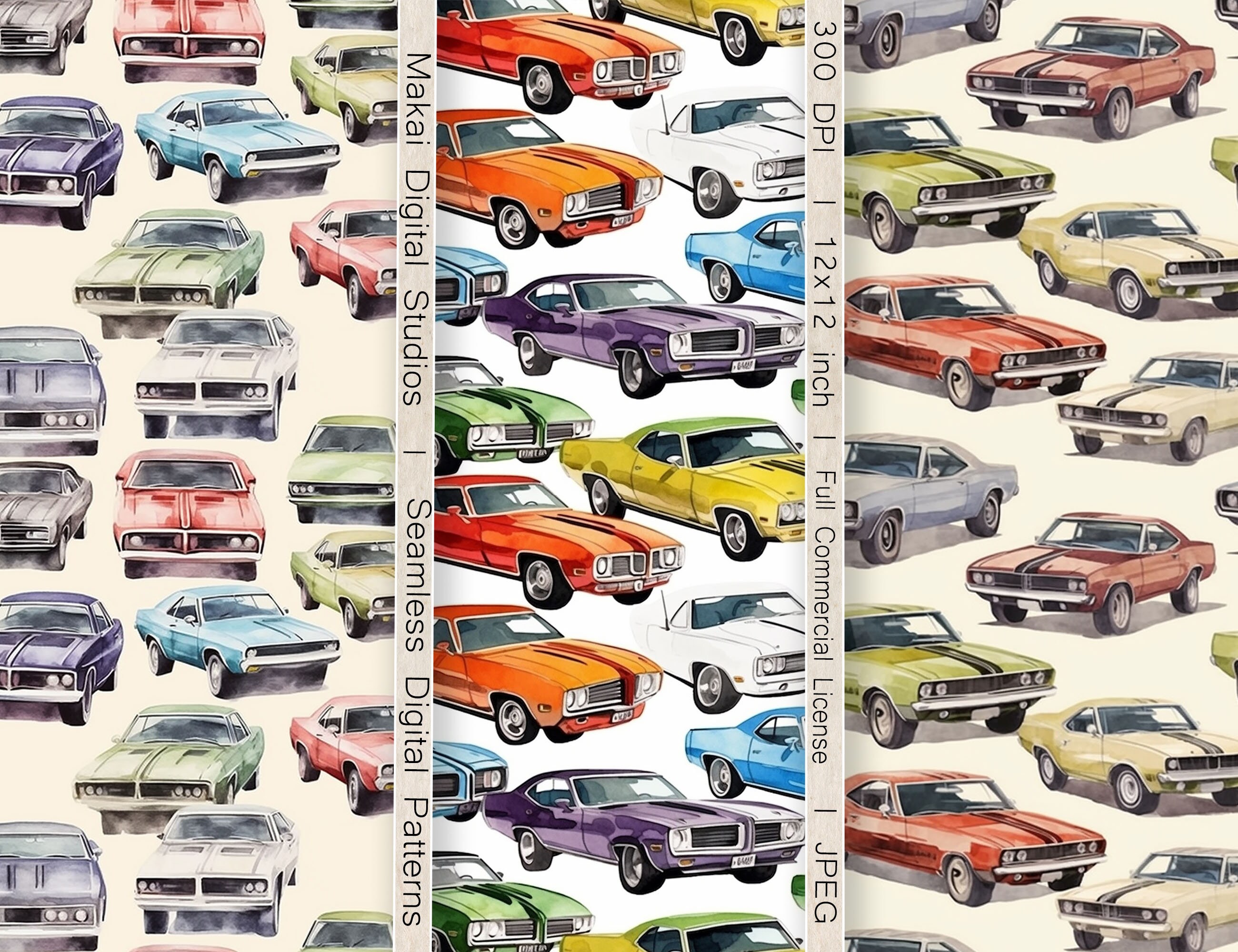 12 Seamless Digital Patterns, Classic Muscle Cars Use for Invitations ...