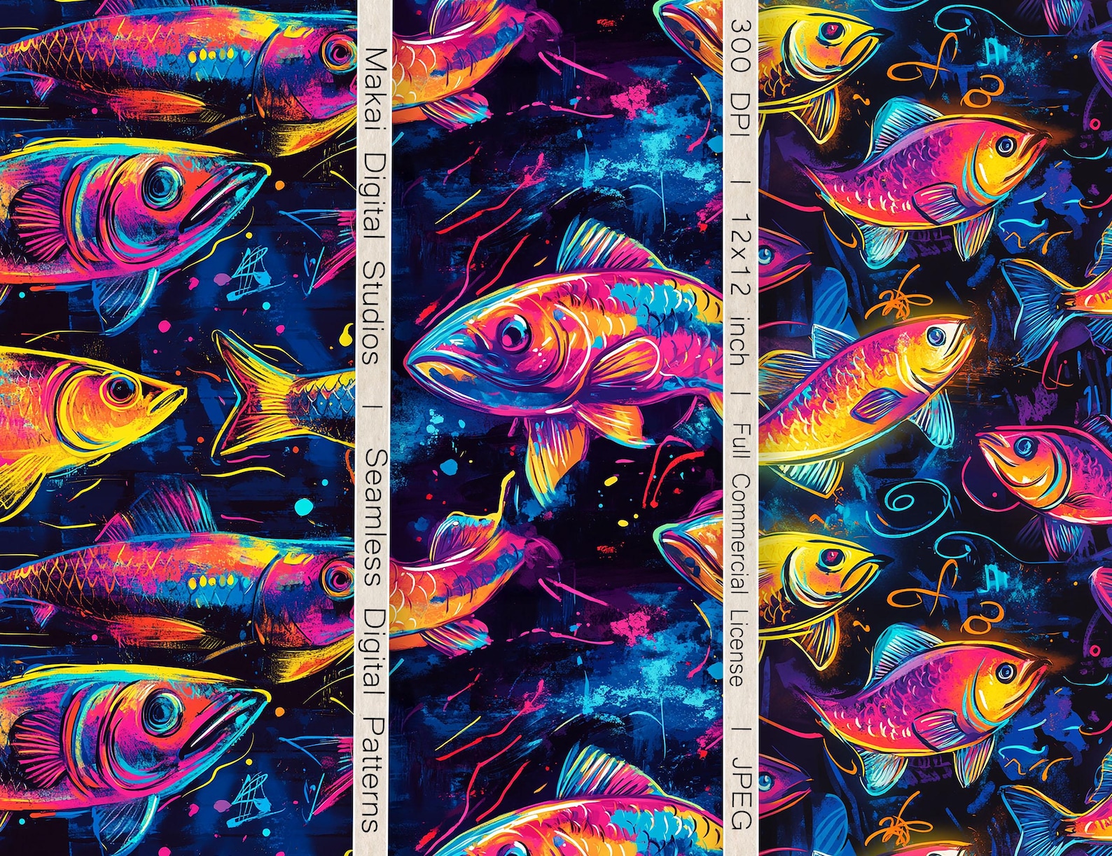 12 Neon Fish Seamless Pattern: 80s Aquarium Digital Paper (commercial ...