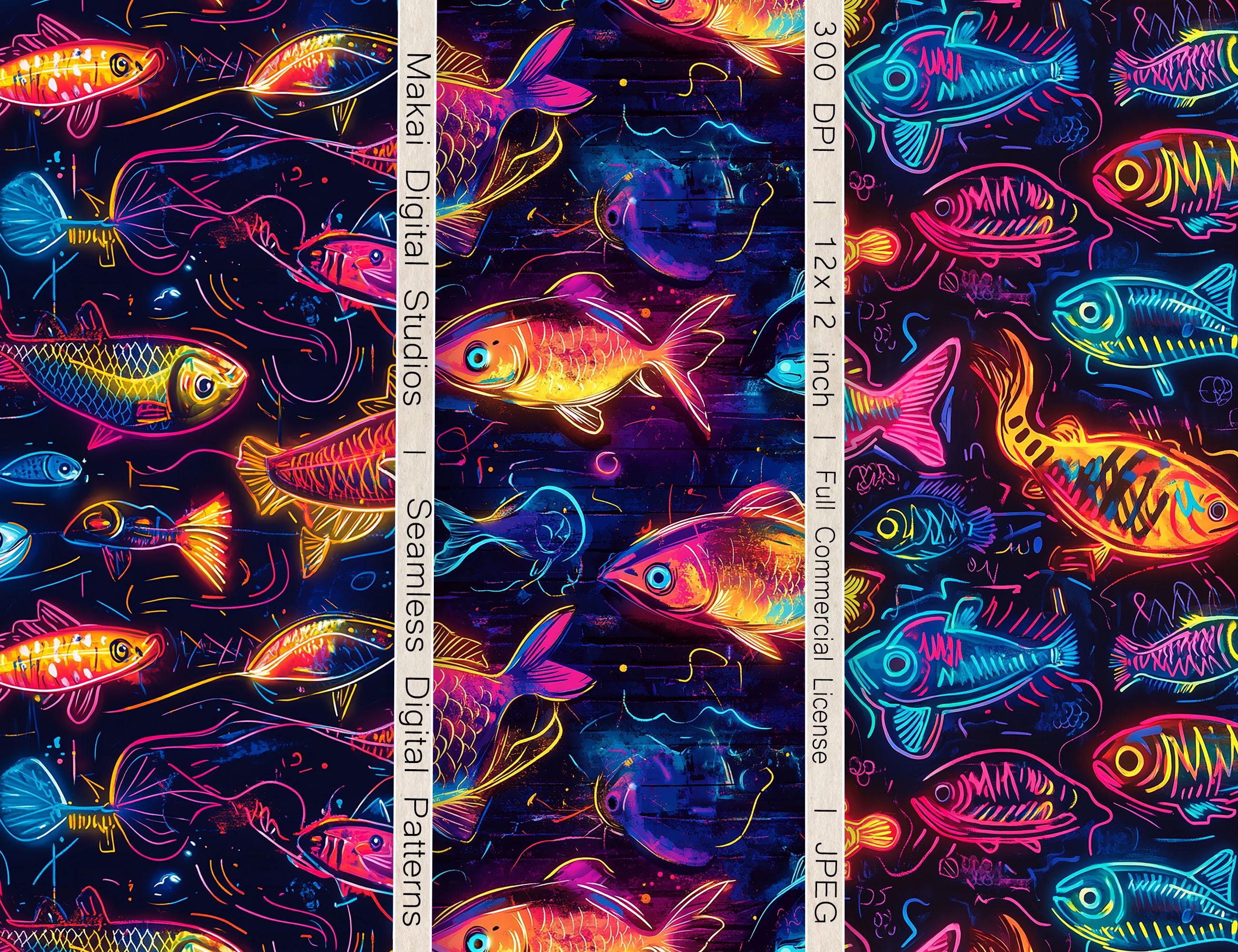12 Neon Fish Seamless Pattern: 80s Aquarium Digital Paper (commercial ...