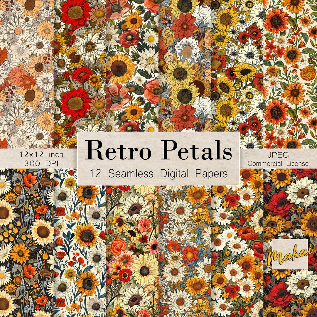 12 Digital Seamless Patterns, Retro Flower Wallpaper Patterns, Use for ...