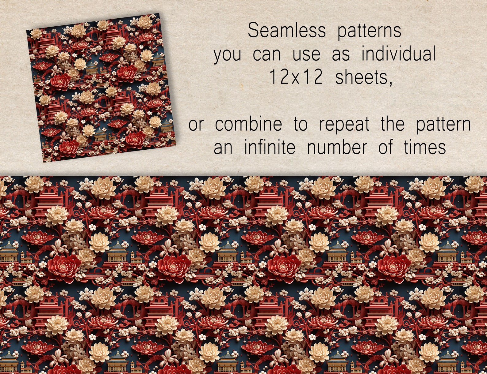 12 Seamless Digital Patterns, 3D CNY Chinese Flower Carvings, Use for ...