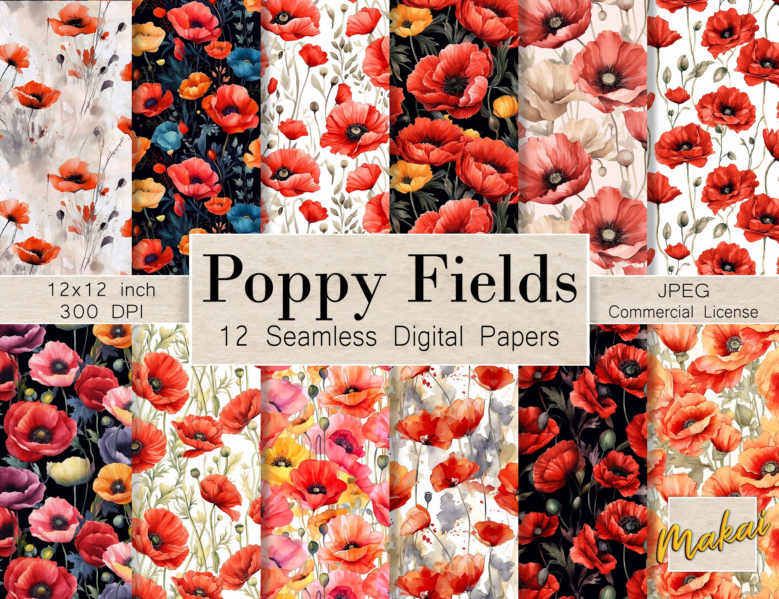 12 Seamless Digital Patterns, Watercolor Poppies, Use for Cards ...