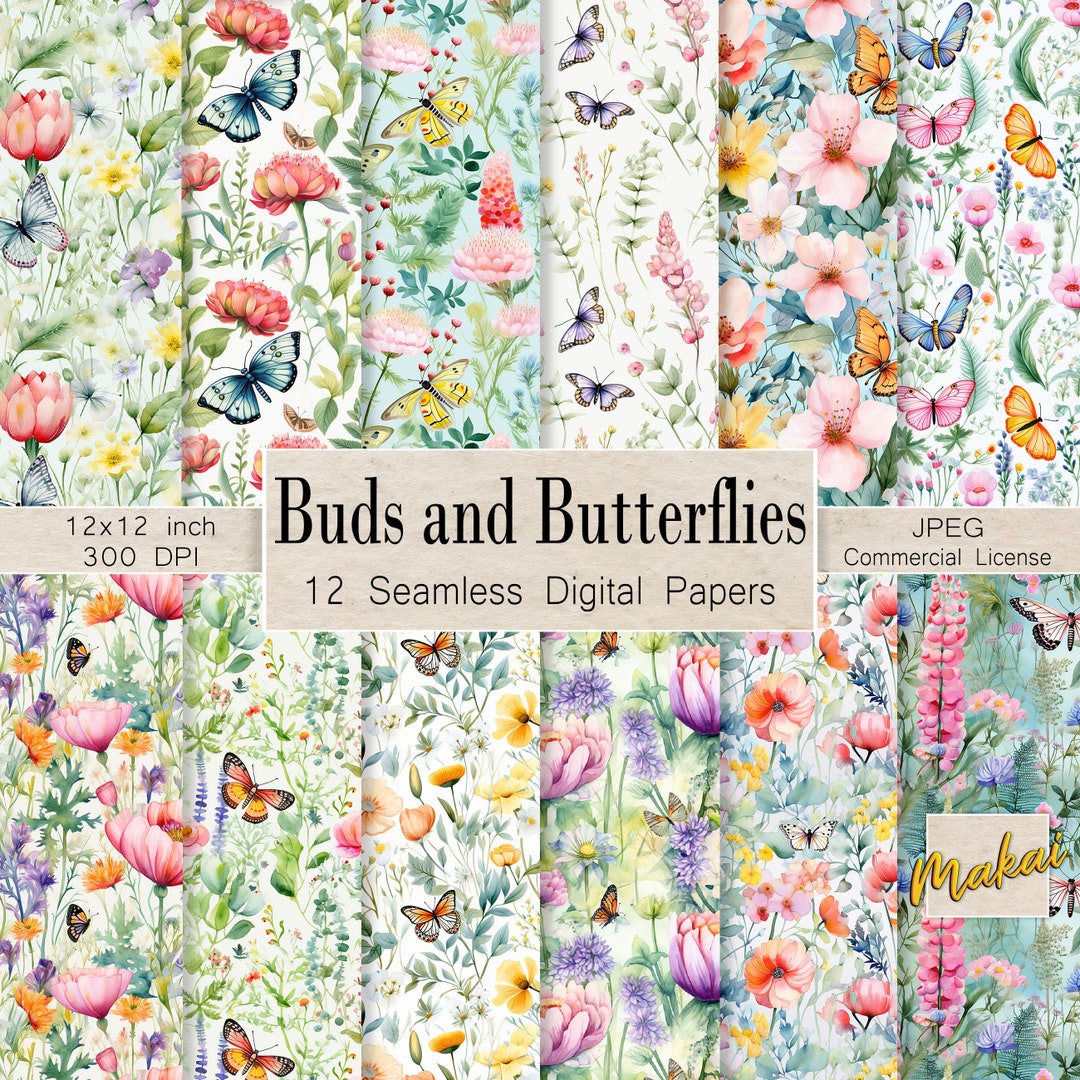 12 Seamless Digital Patterns, Watercolor Flowers and Butterflies, for ...