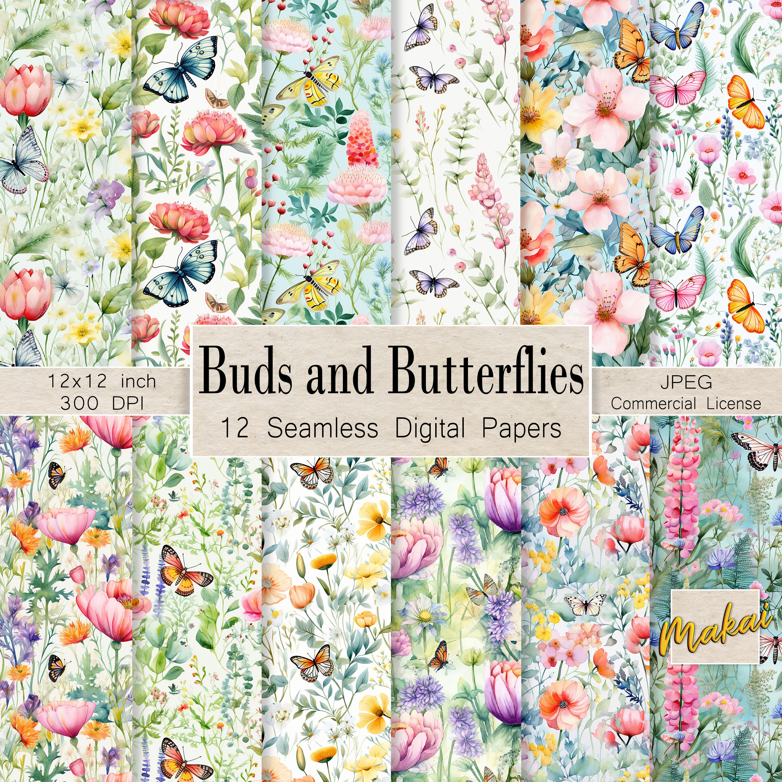 12 Seamless Digital Patterns, Watercolor Flowers and Butterflies, for ...