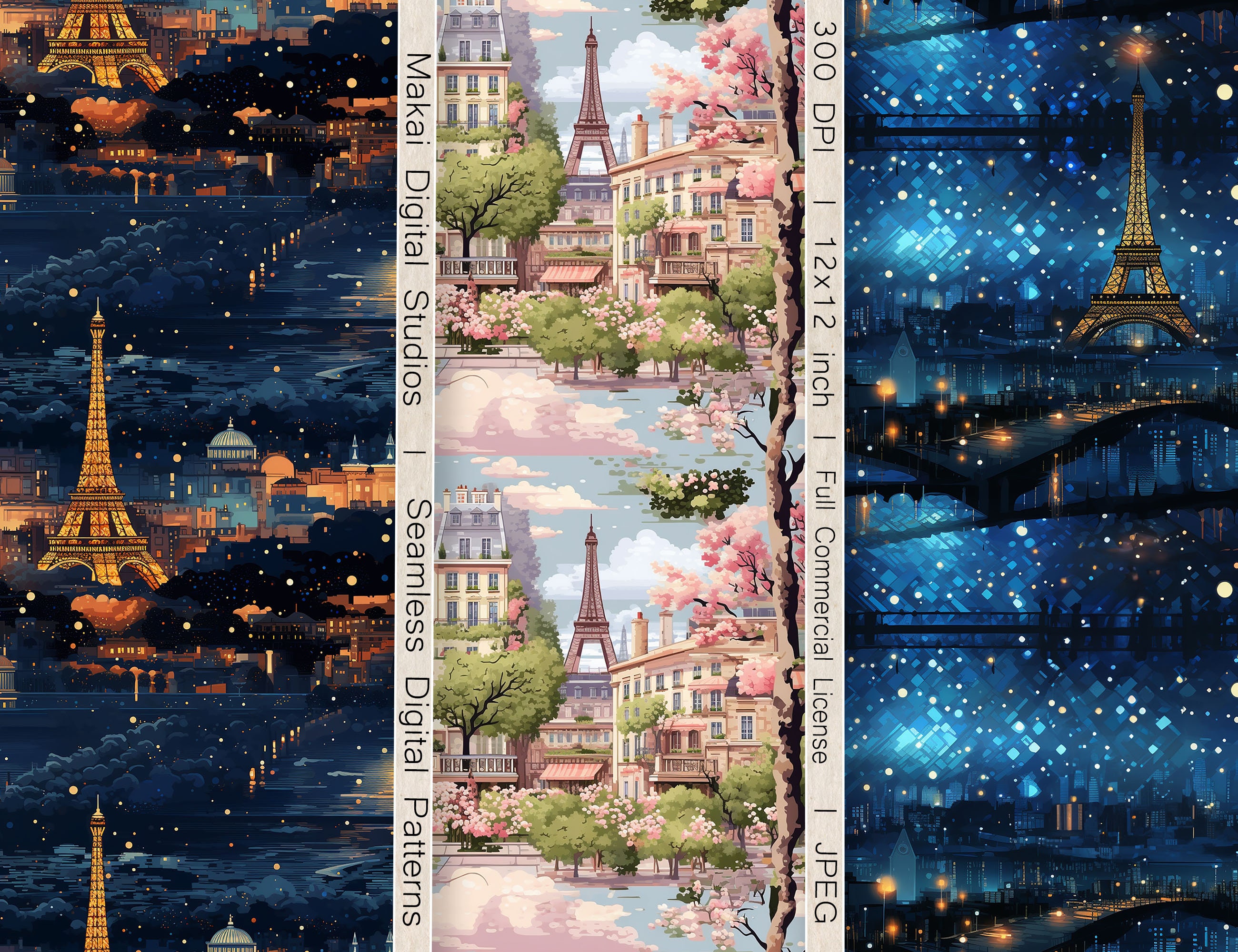 12 Seamless Digital Patterns, Paris in the Springtime, Use for Romantic ...