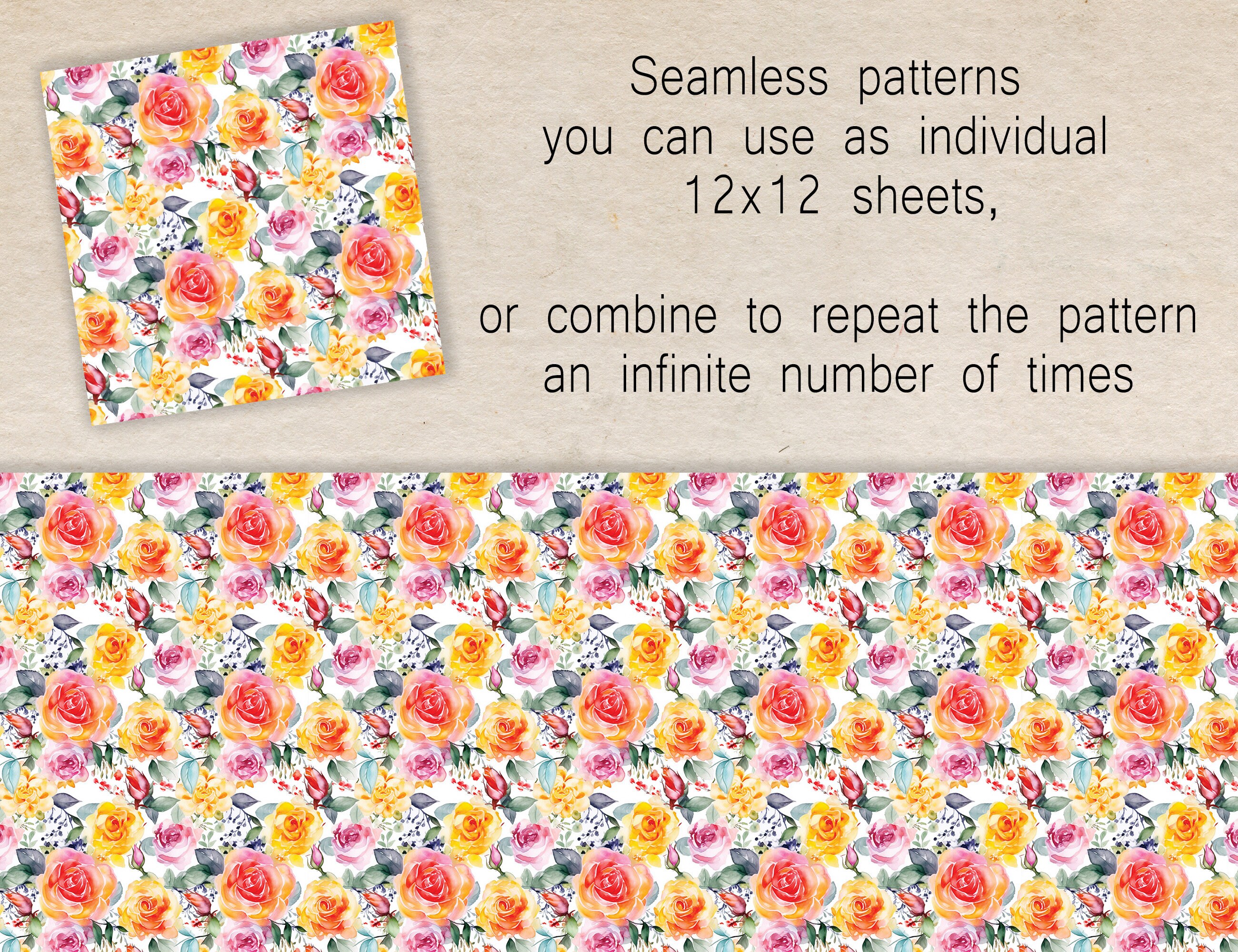 12 Seamless Digital Papers, Watercolor Summer Floral Patterns, Use for ...