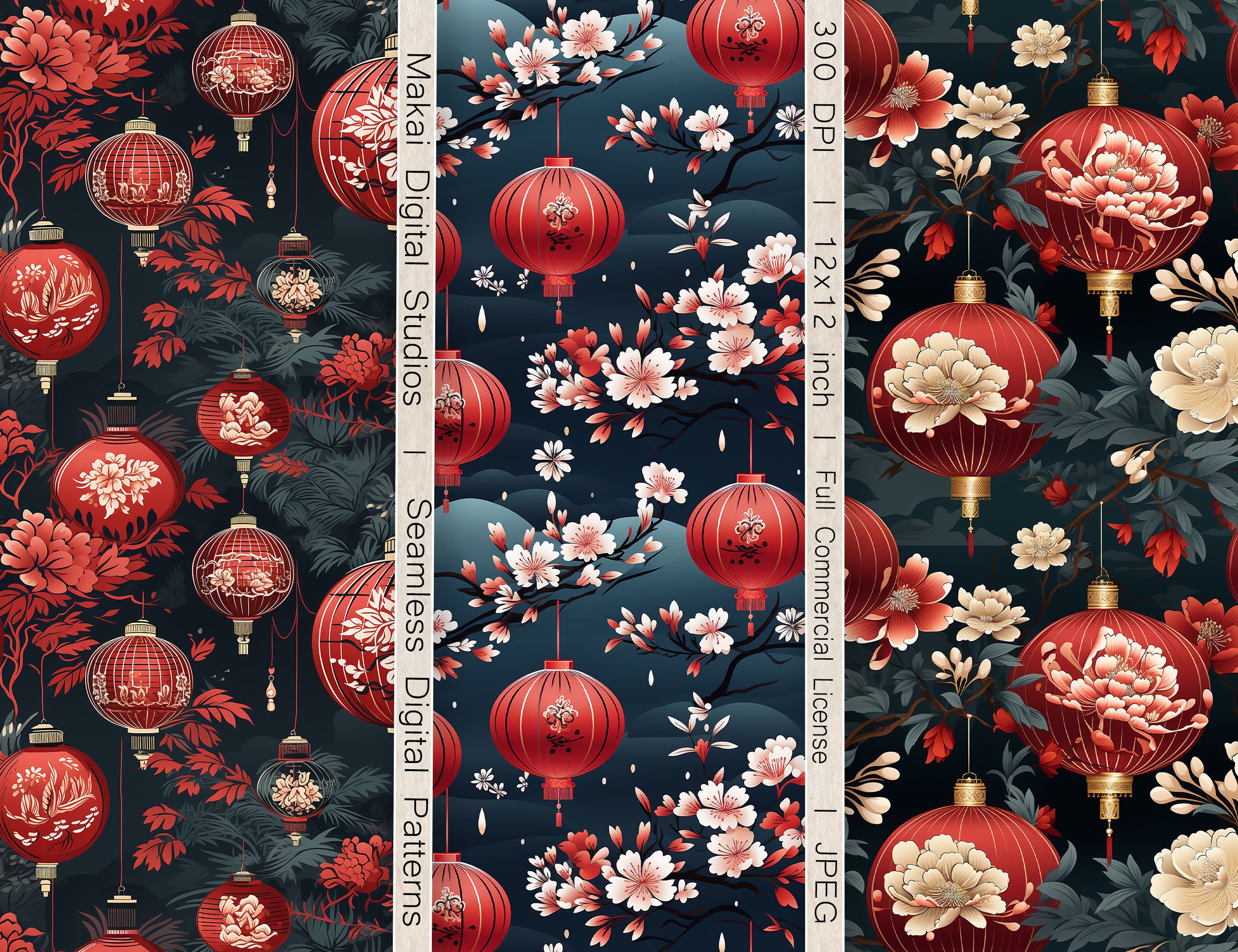 12 Seamless Digital Patterns, Chinese New Year Lanterns, Use for Cards ...