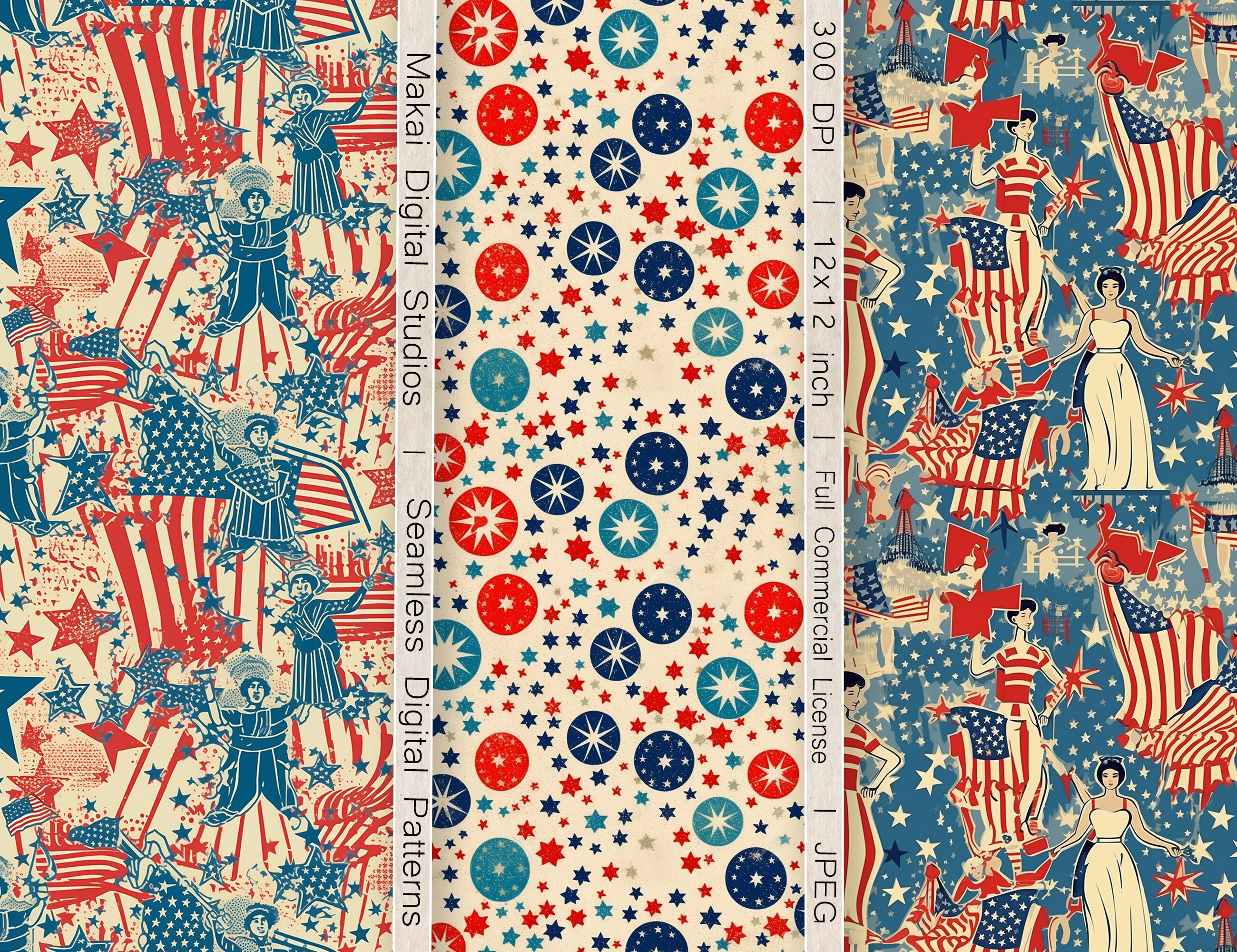 12 Seamless Digital Patterns, Vintage 4th of July Americana, Use for ...