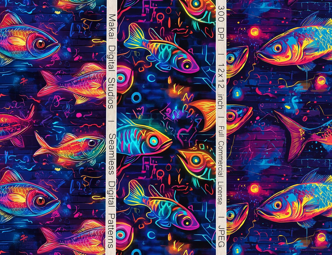 12 Neon Fish Seamless Pattern: 80s Aquarium Digital Paper (commercial ...