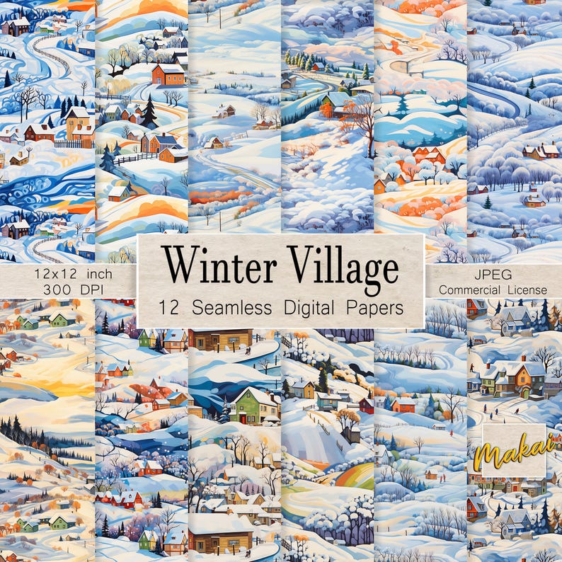 12 Digital Repeating Backgrounds, Illustrated Christmas Snowy Winter ...