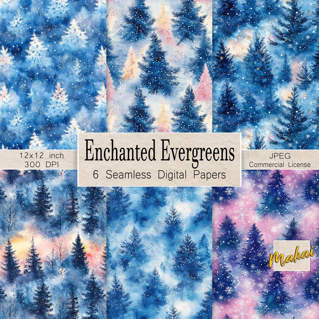6 Digital Seamless Patterns, Watercolor Evergreens, Snowy Christmas for ...