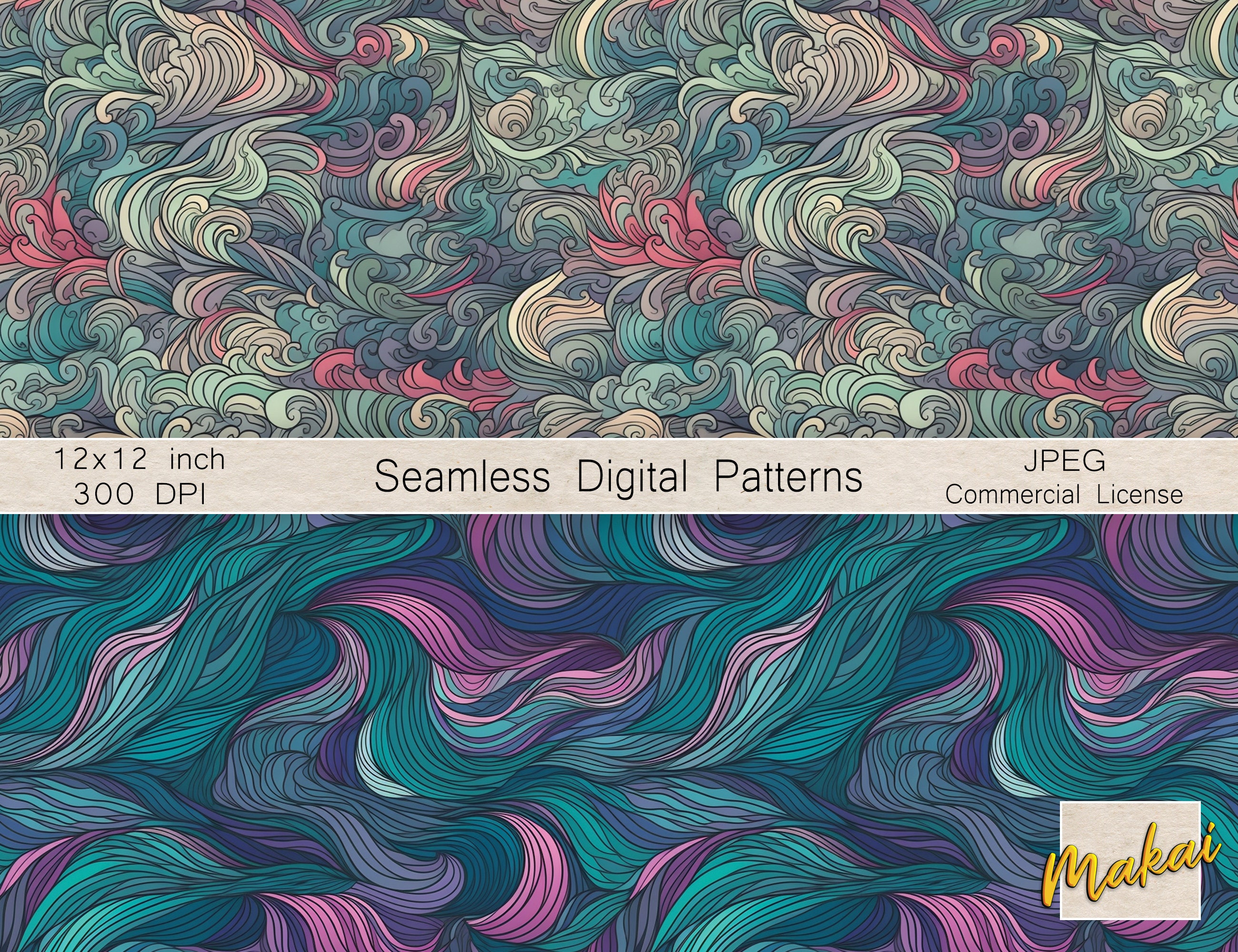 12 Seamless Digital Patterns, Summer Illustrated Ocean Wave Patterns ...
