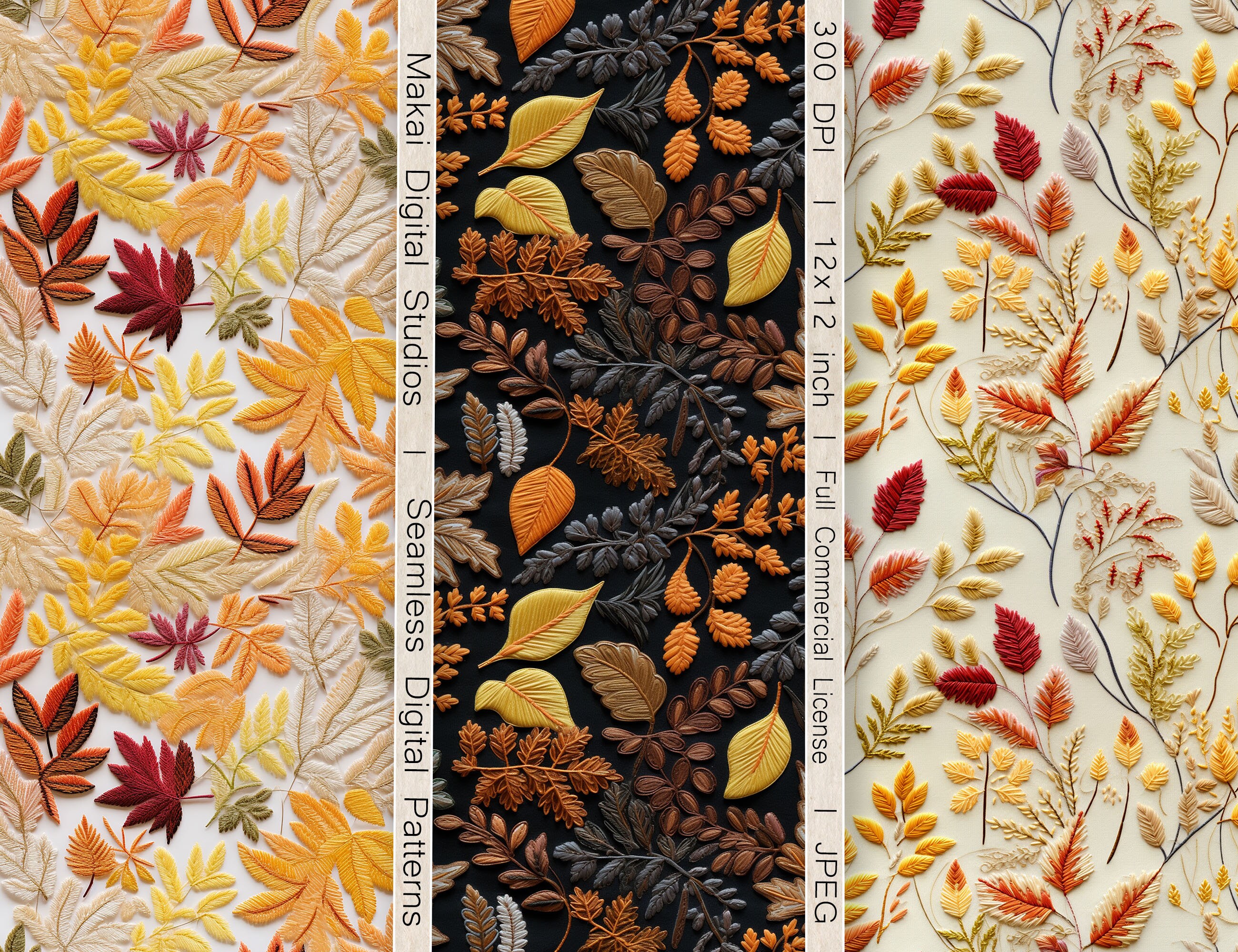 Embroidered Fall Leaves & Trees Seamless Patterns, 12 Seamless Digital ...