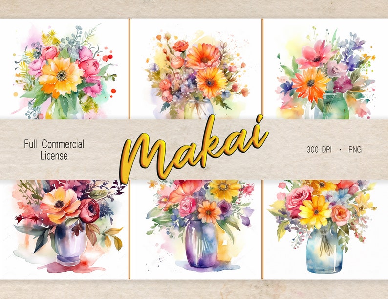 20 Clip Art Downloads, Watercolor Summer Flower Bouquets Image Files ...