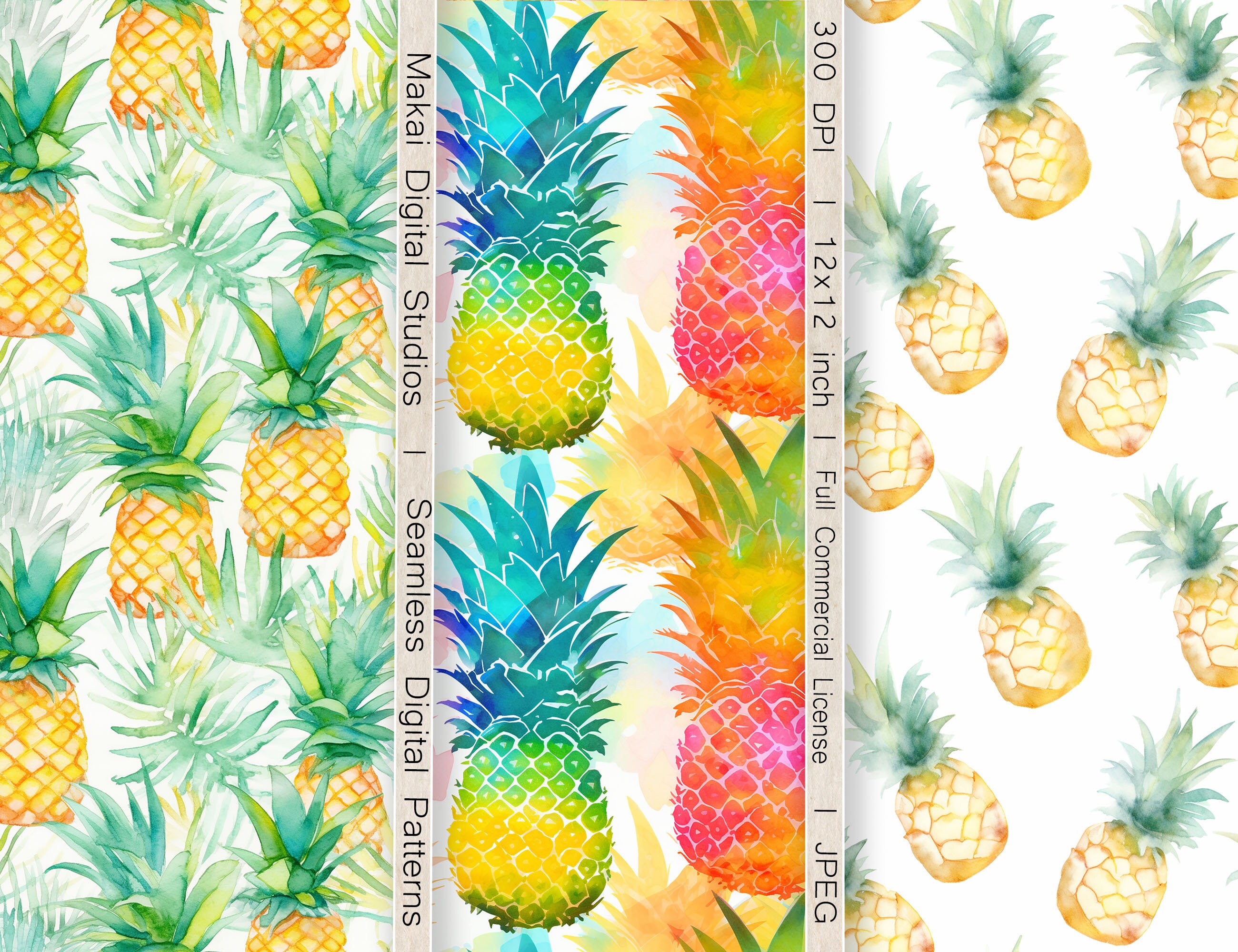 12 Seamless Digital Patterns, Watercolor Hawaiian Pineapples, Use for ...