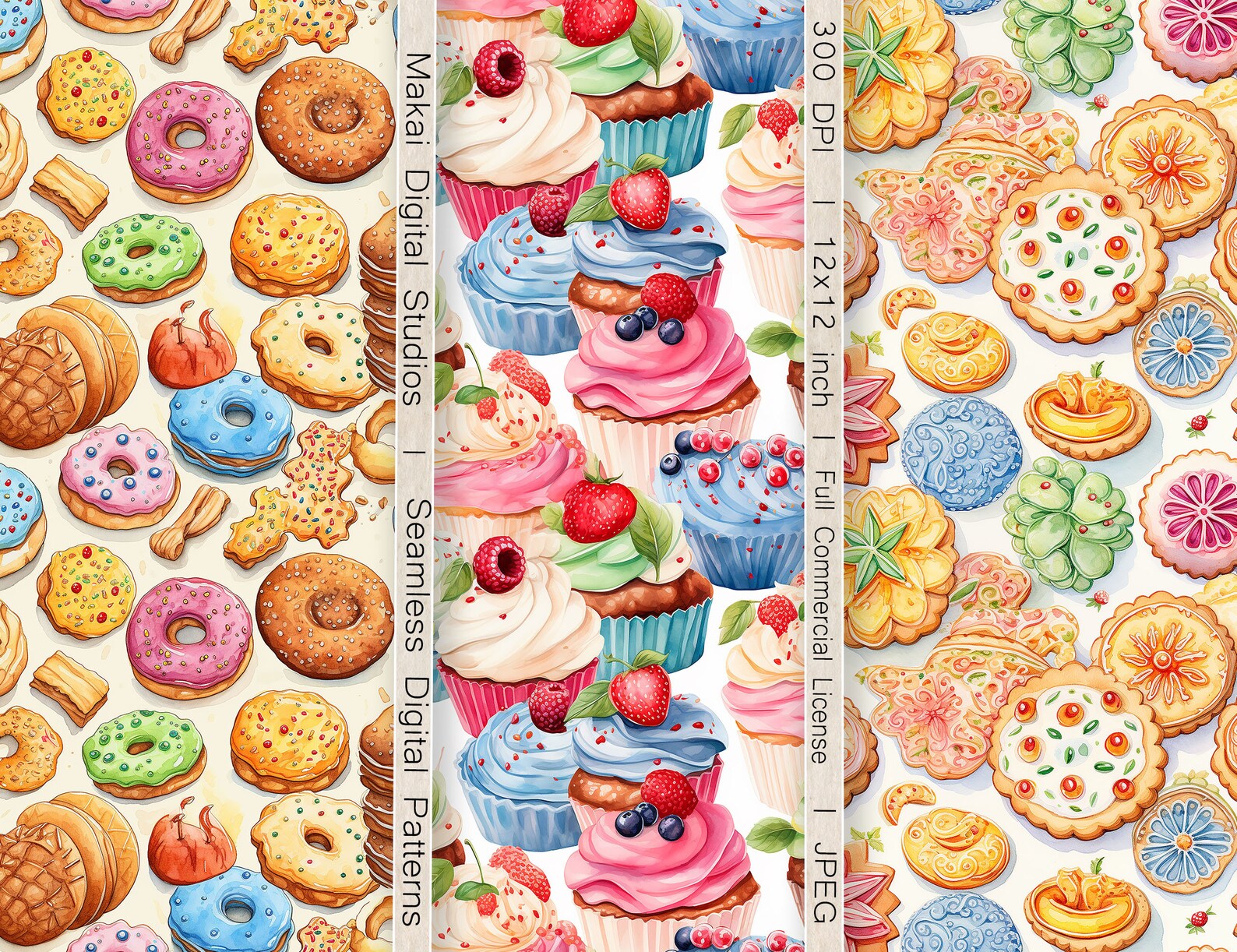 Watercolor Bakery Patterns, 12 Seamless Digital Patterns, Use for ...